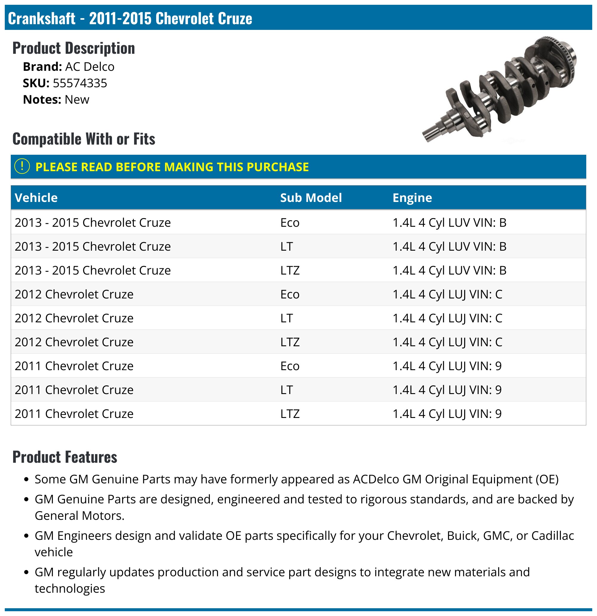 2011-2015 Chevrolet Cruze Crankshaft - AC Delco 55574335 - PartsGeek.com