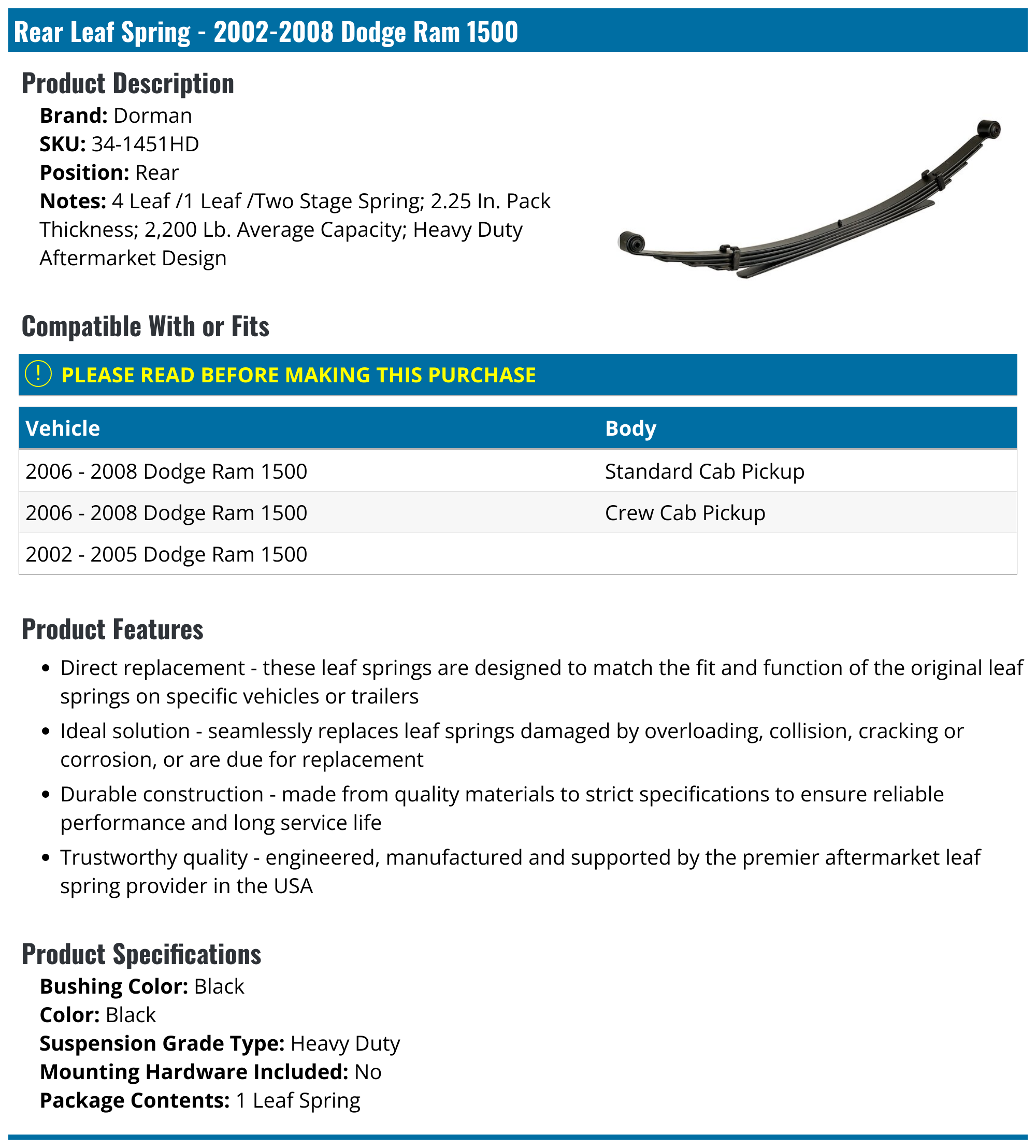 2002-2008 Dodge Ram 1500 Leaf Spring - Dorman 34-1451HD - Rear ...