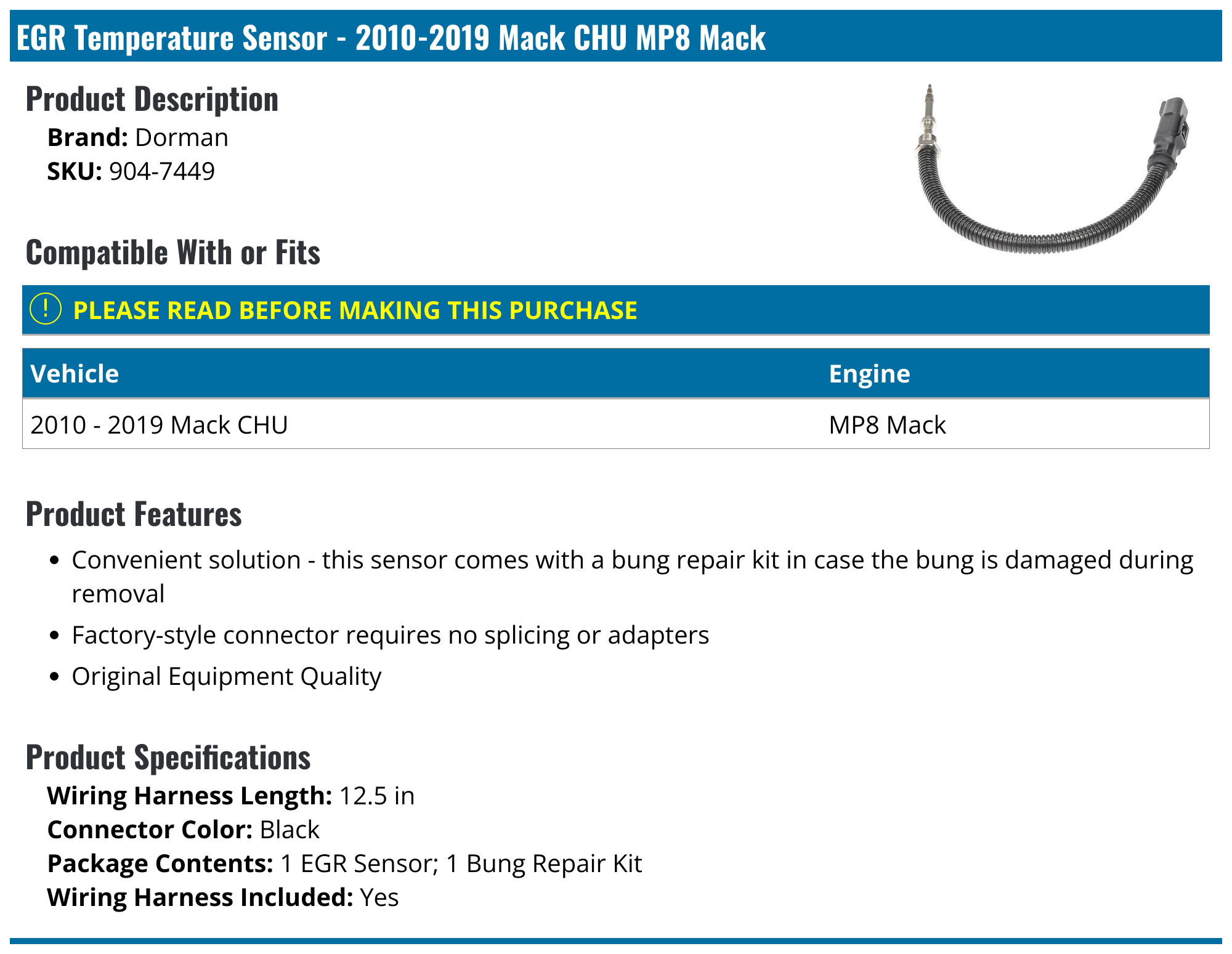 2010-2019 Mack CHU EGR Temperature Sensor - Dorman 904-7449 - PartsGeek.com