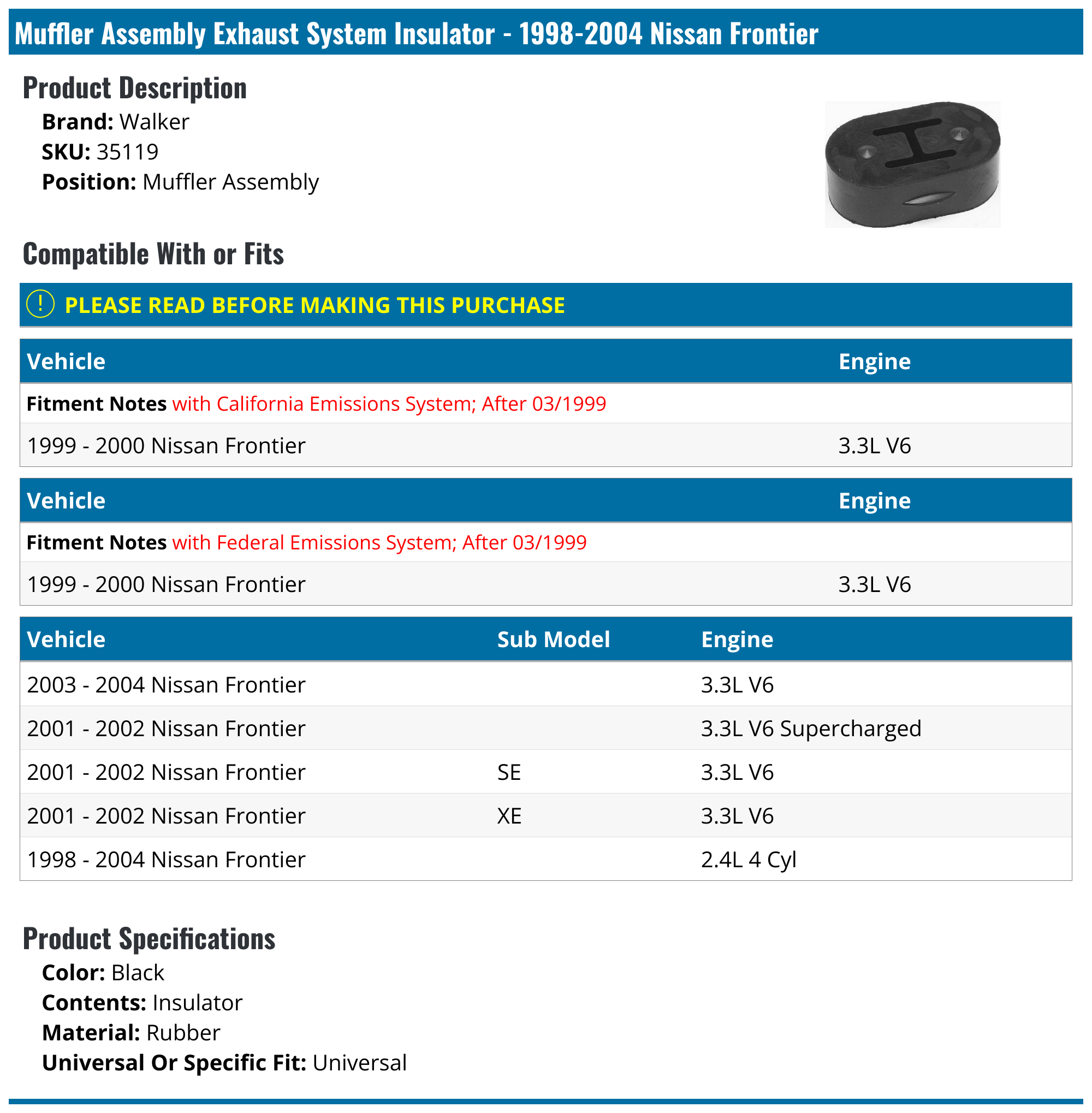 1998-2004 Nissan Frontier Exhaust System Insulator - Walker 35119 ...