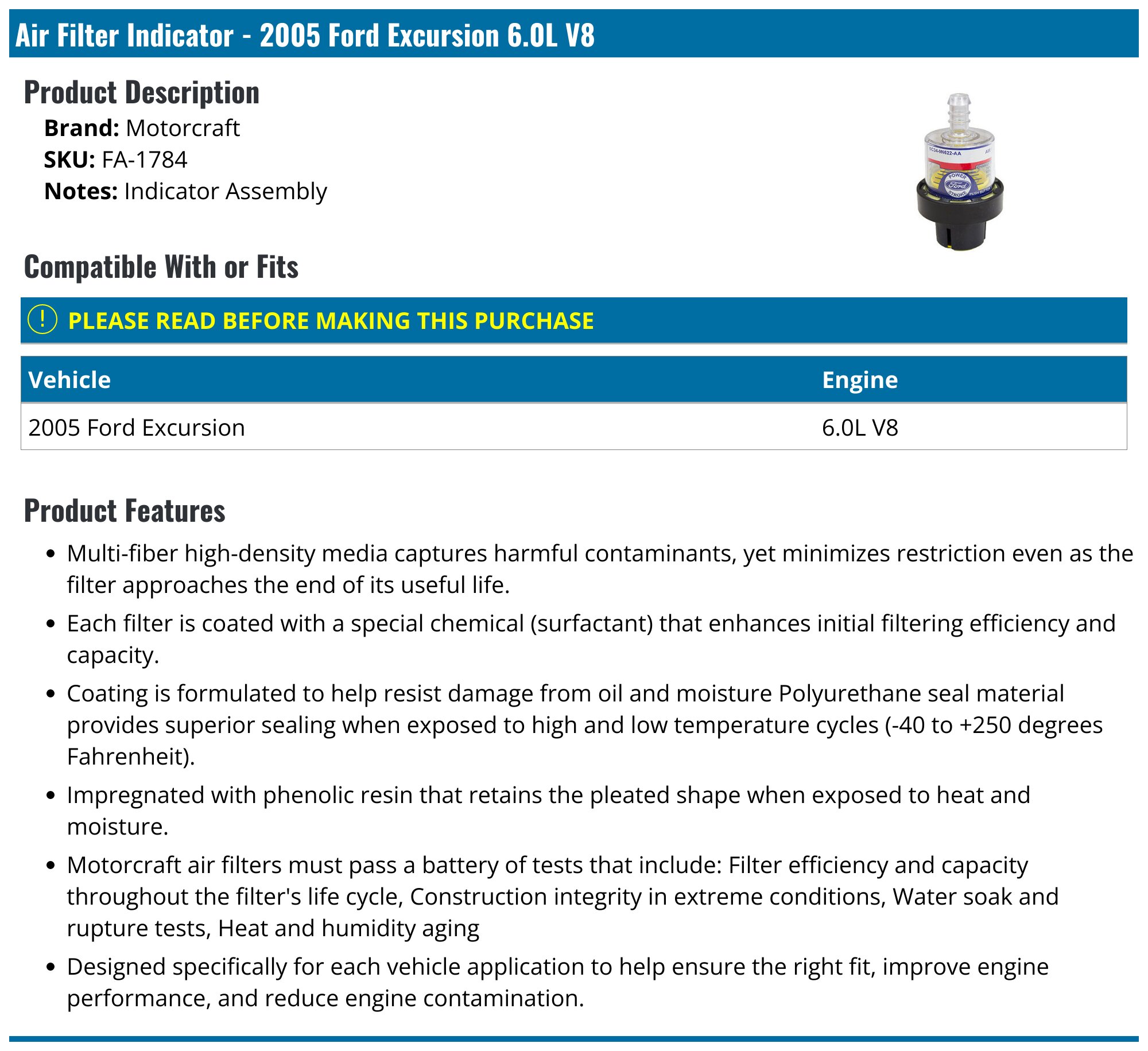 2005 Ford Excursion Air Filter Indicator - Motorcraft FA-1784 ...