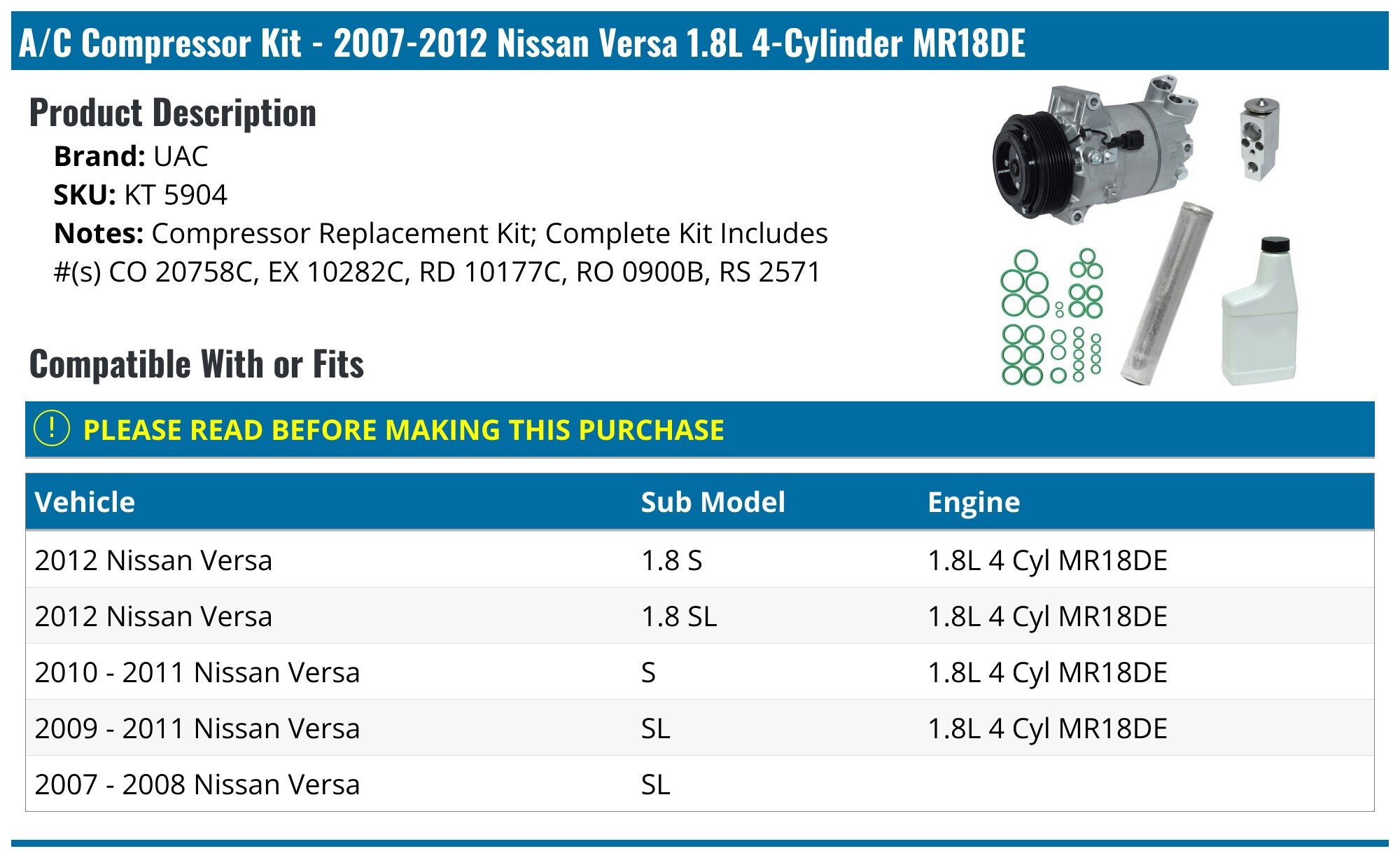 2007-2011 Nissan Versa A/C Compressor - UAC KT 5904 - PartsGeek.com