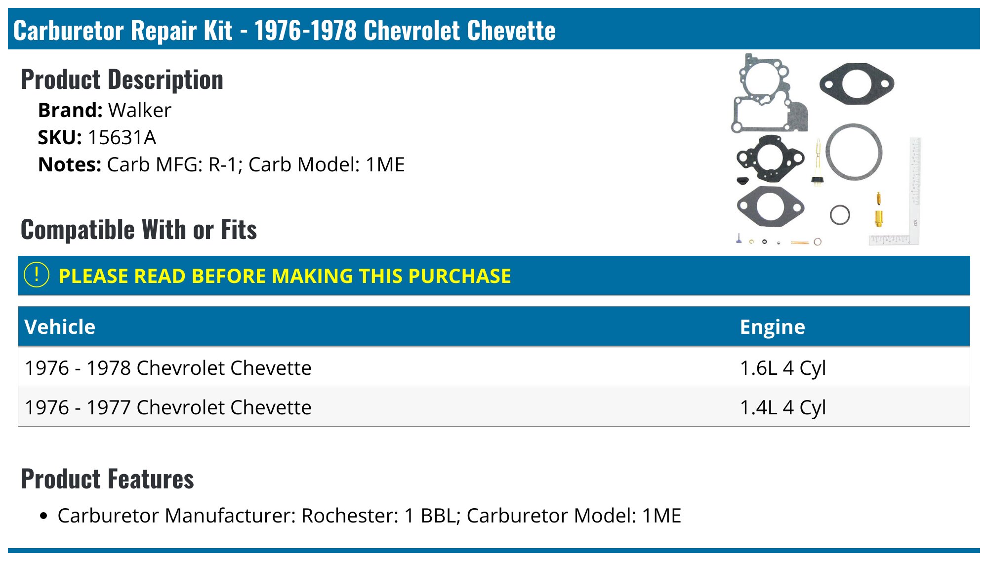 1976-1978 Chevrolet Chevette Carburetor Repair Kit - Walker 15631A ...