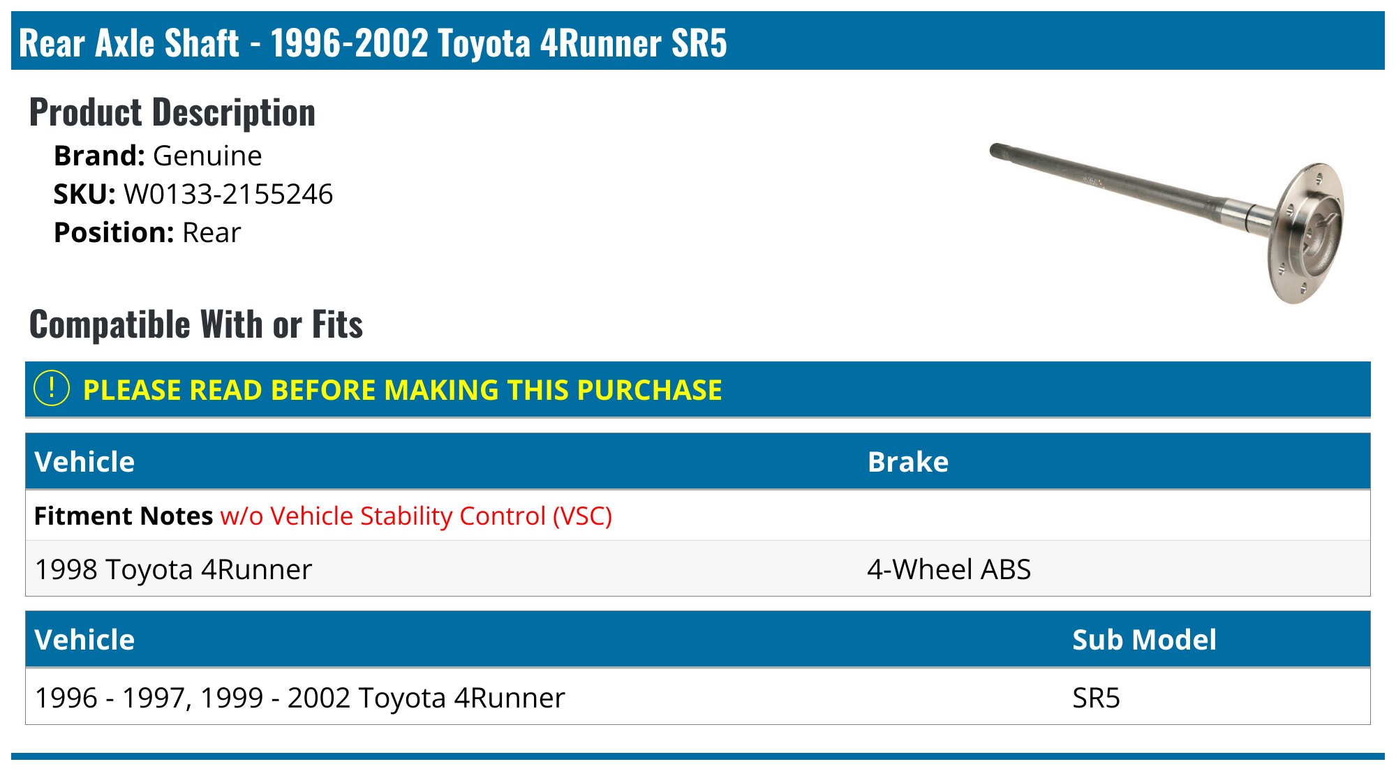 1996-2002 Toyota 4Runner Axle Shaft - Genuine W0133-2155246 - Rear ...
