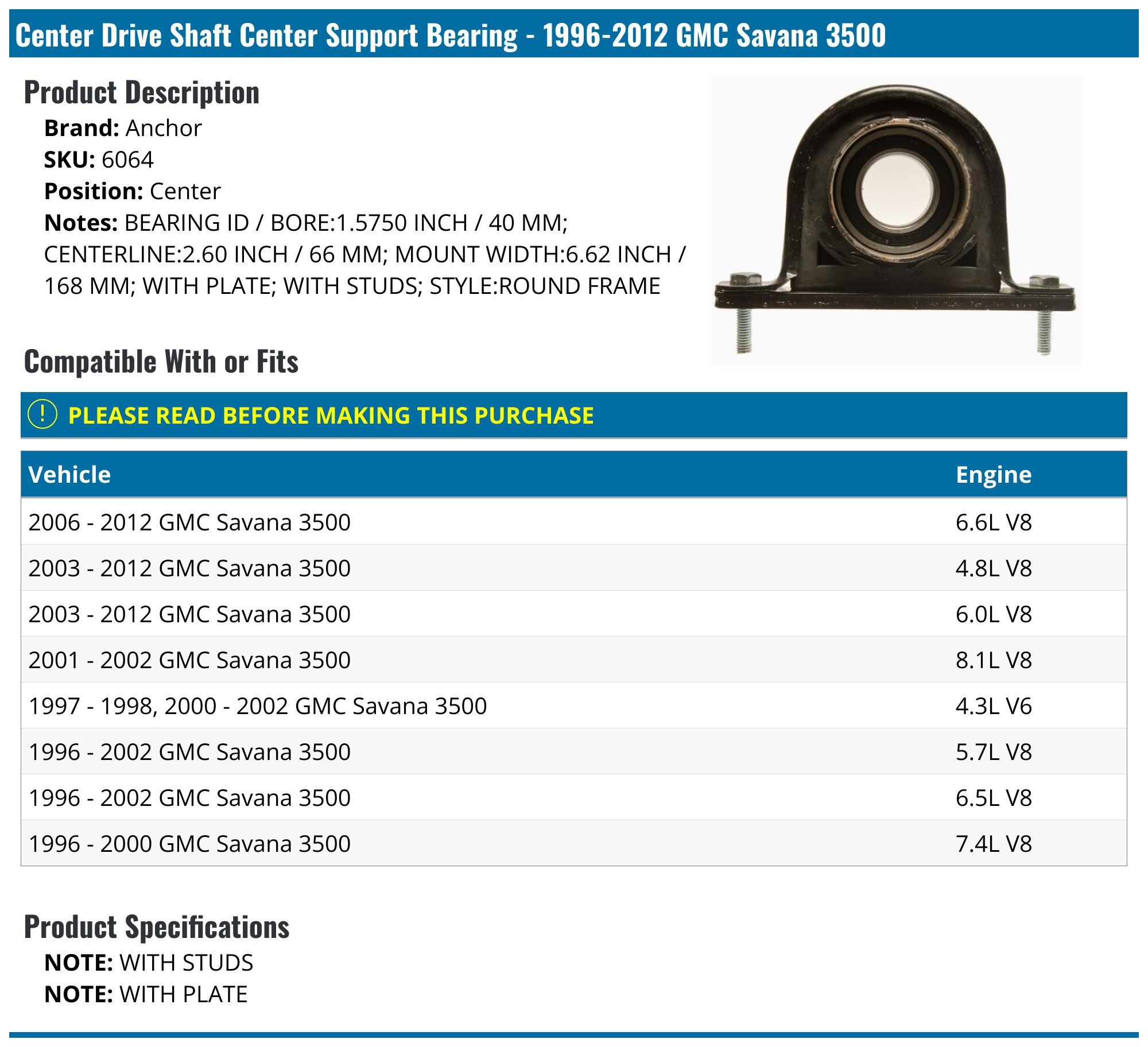 1996-2012 GMC Savana 3500 Drive Shaft Center Support Bearing - Anchor ...