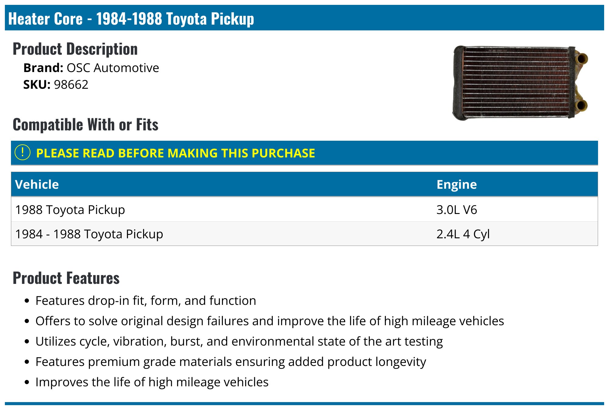 1984-1988 Toyota Pickup Heater Core - OSC Automotive 98662 ...