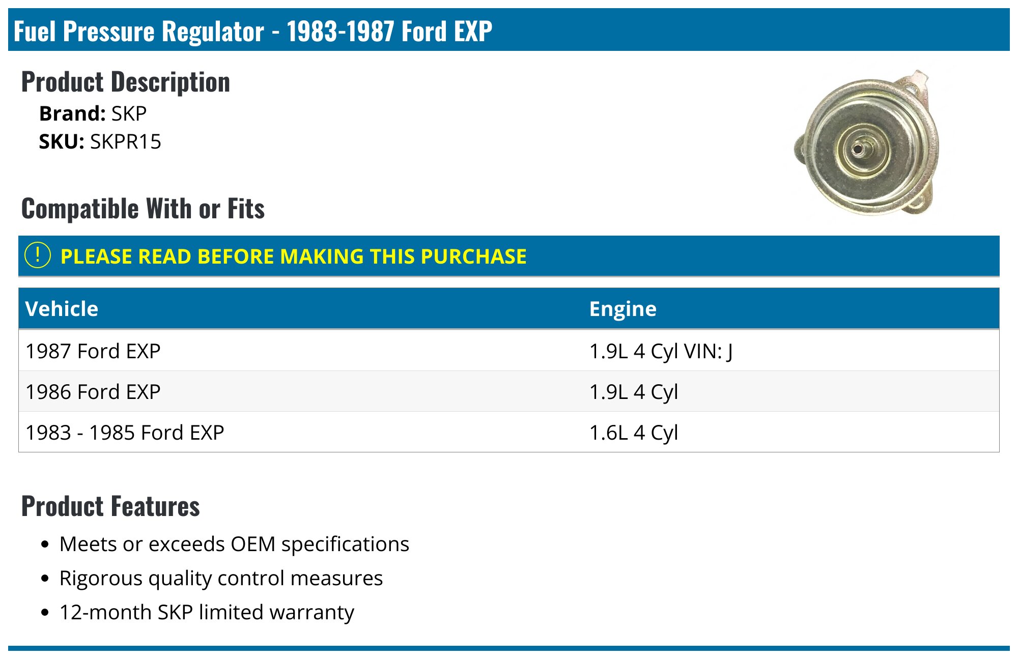 1983-1987 Ford EXP Fuel Pressure Regulator - SKP SKPR15 - PartsGeek.com