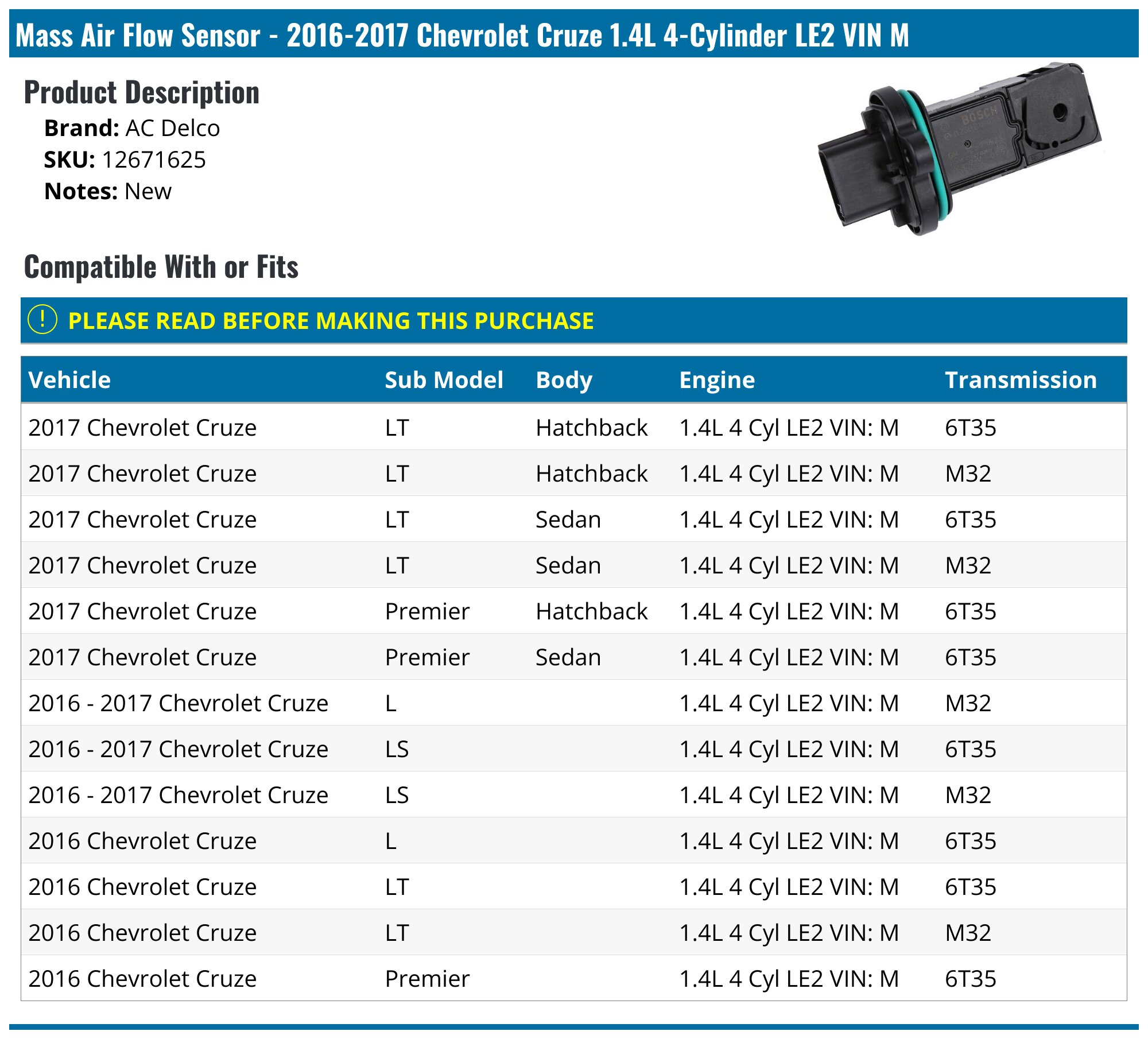 2016-2017 Chevrolet Cruze Air Mass Sensor - AC Delco 12671625 ...