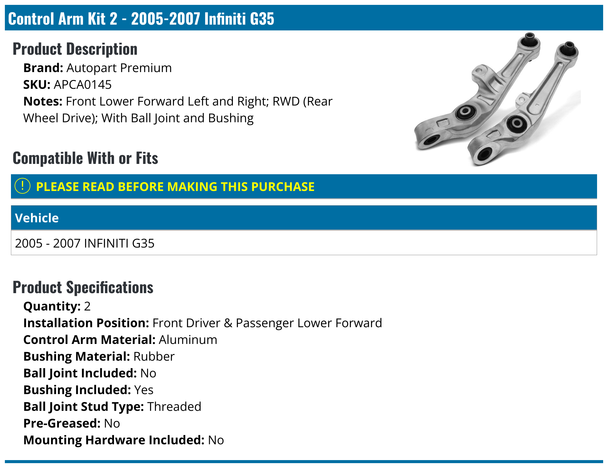2005-2007 Infiniti G35 Control Arm - Autopart Premium APCA0145 - Front ...