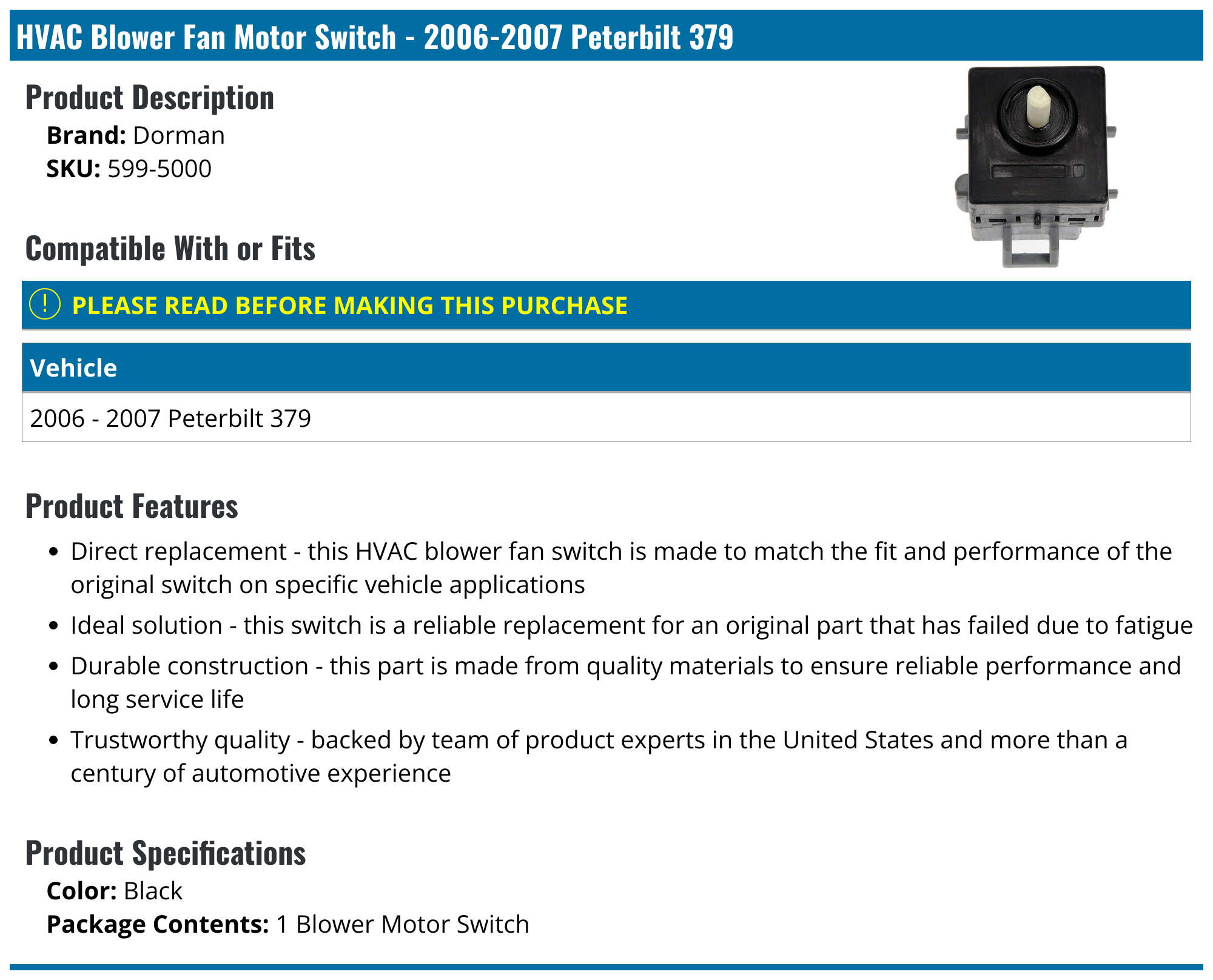 2006-2007 Peterbilt 379 HVAC Blower Fan Switch - Dorman 599-5000 ...
