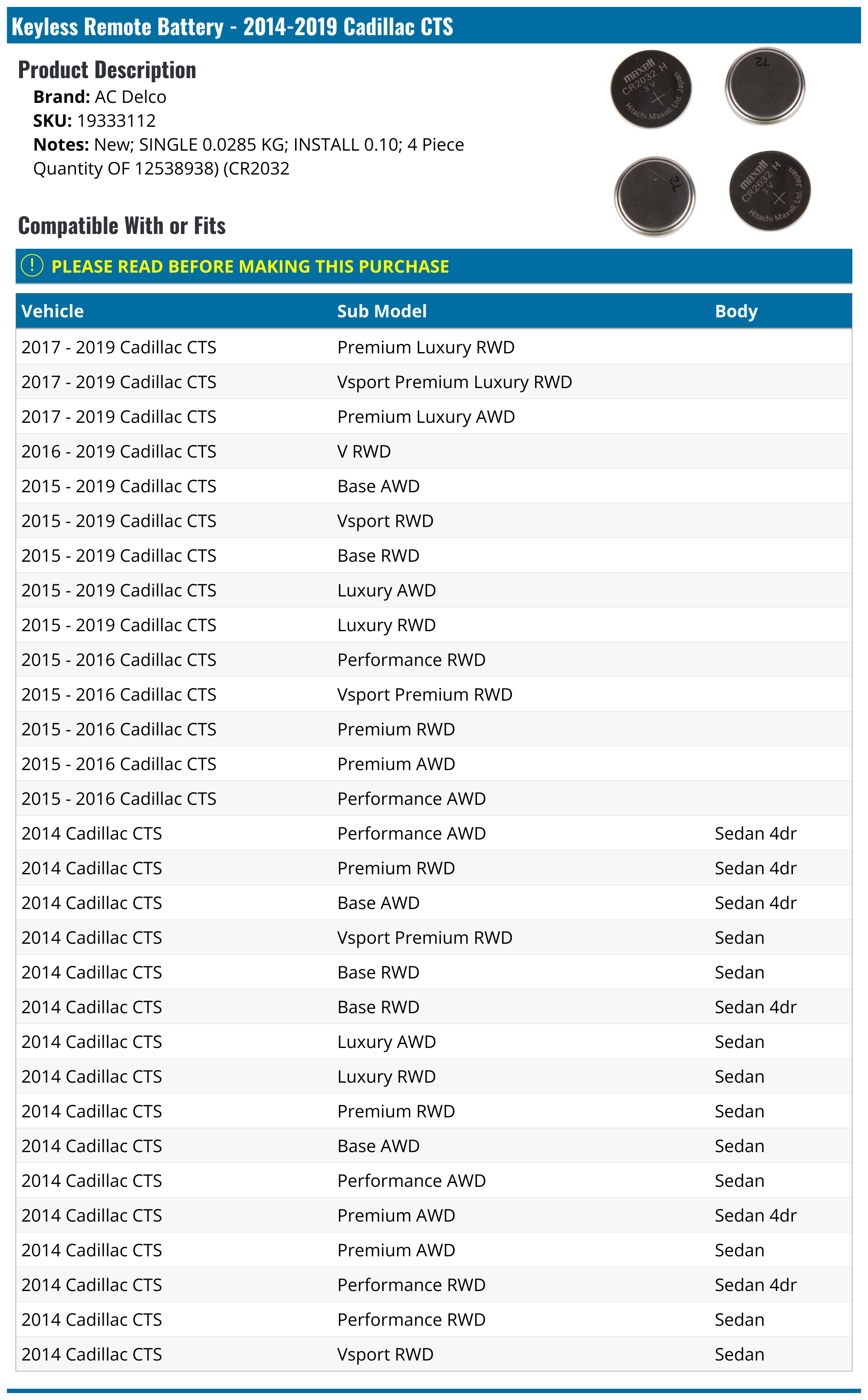 2014-2019 Cadillac CTS Keyless Remote Battery - AC Delco 19333112 ...