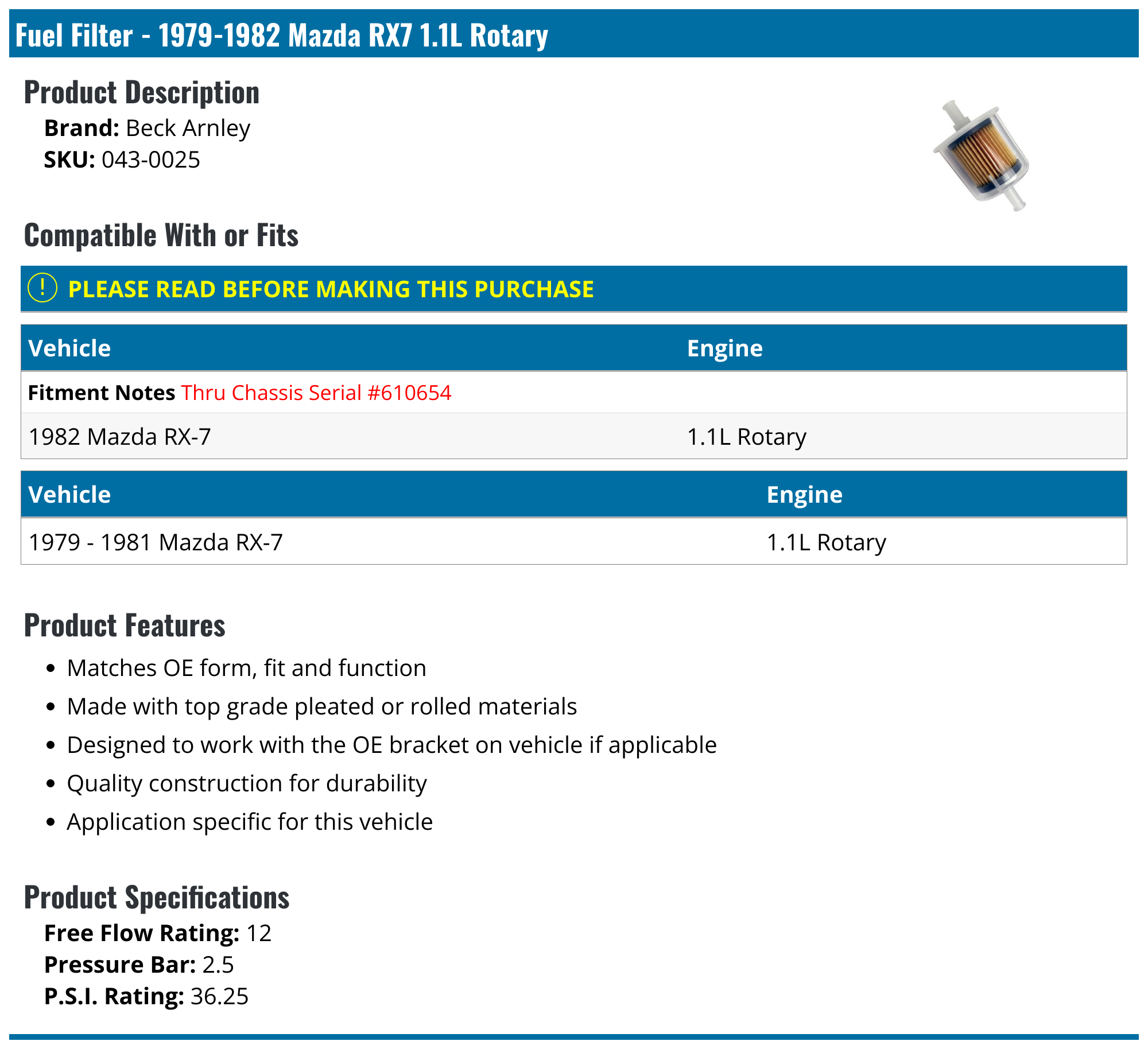 1979-1982 Mazda RX7 Fuel Filter - Beck Arnley 043-0025 - PartsGeek.com