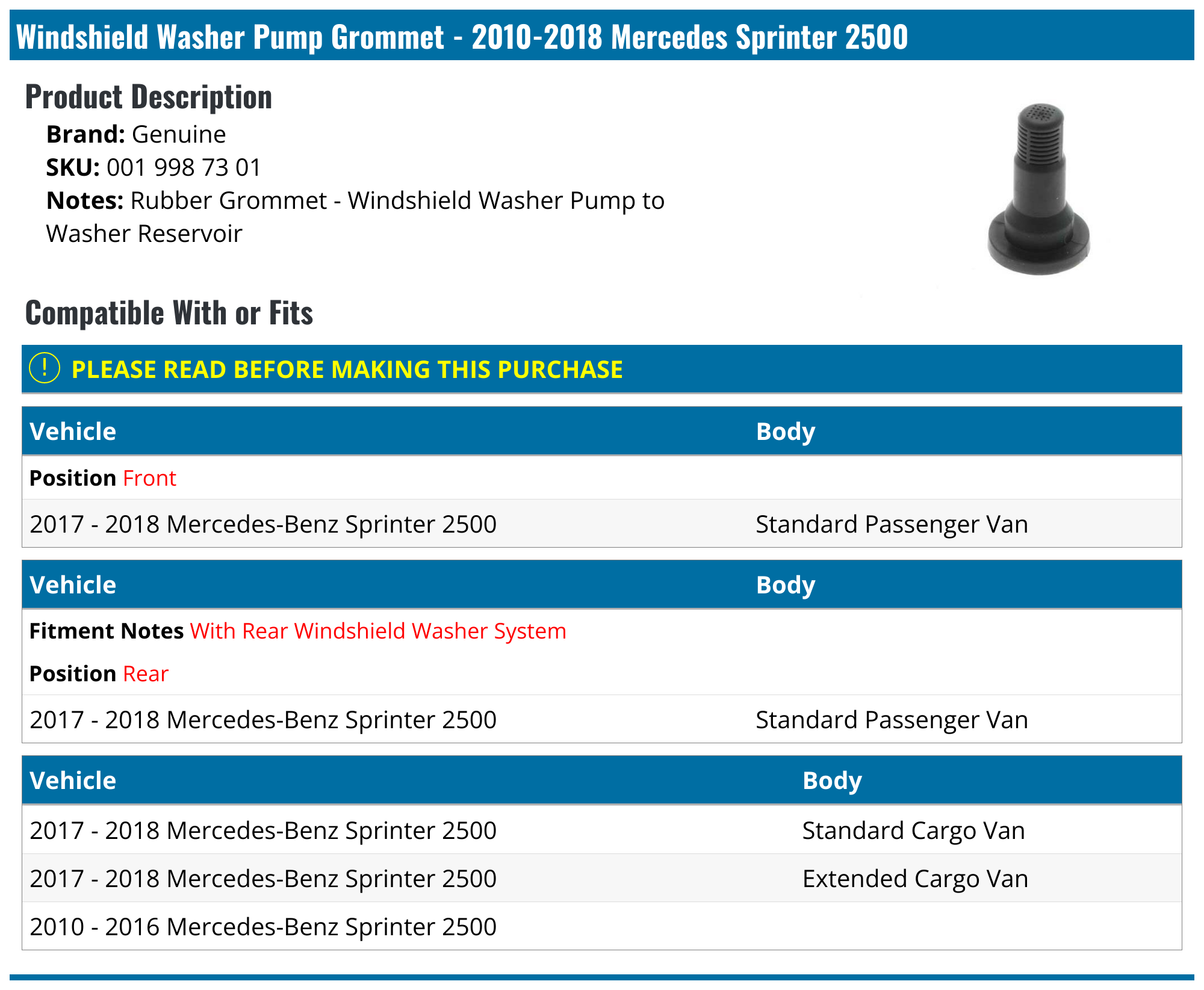 2010-2018 Mercedes Sprinter 2500 Windshield Washer Pump Grommet ...