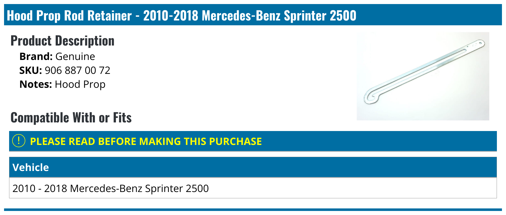 2010-2018 Mercedes Sprinter 2500 Hood Prop Rod Retainer - Genuine 906 ...