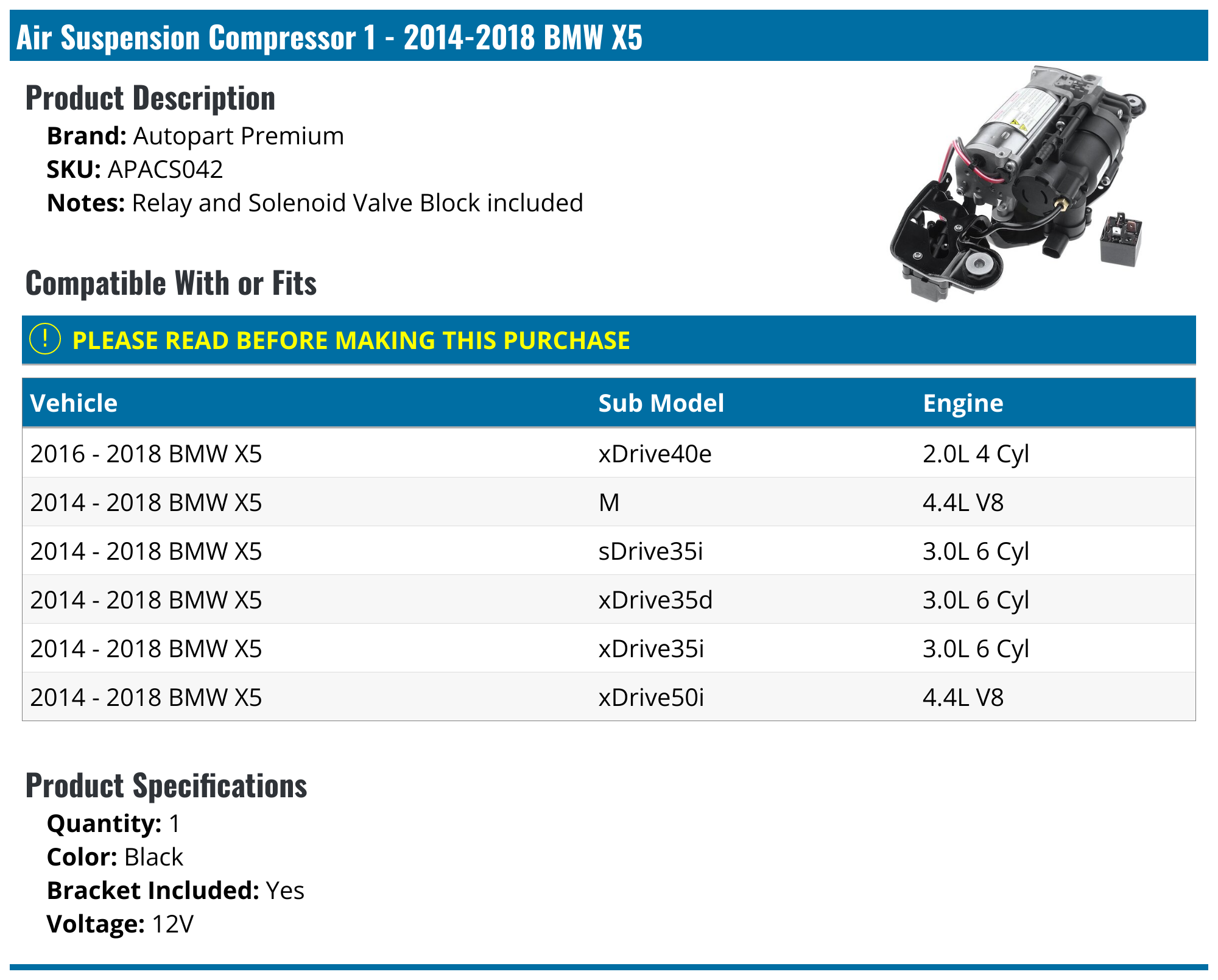 2014-2018 BMW X5 Suspension Compressor - Autopart Premium APACS042 ...