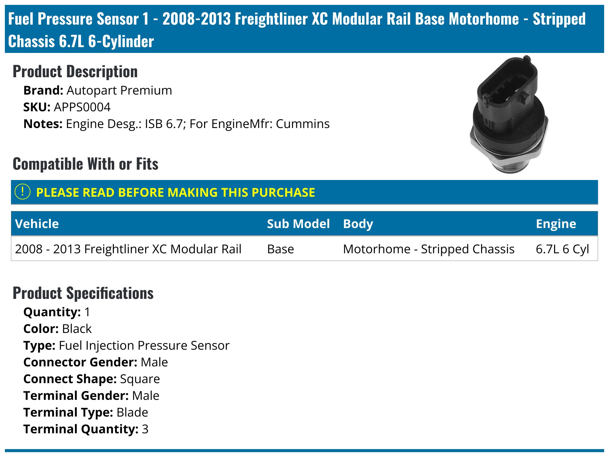 2008-2013 Freightliner XC Modular Rail Fuel Pressure Sensor - Autopart ...