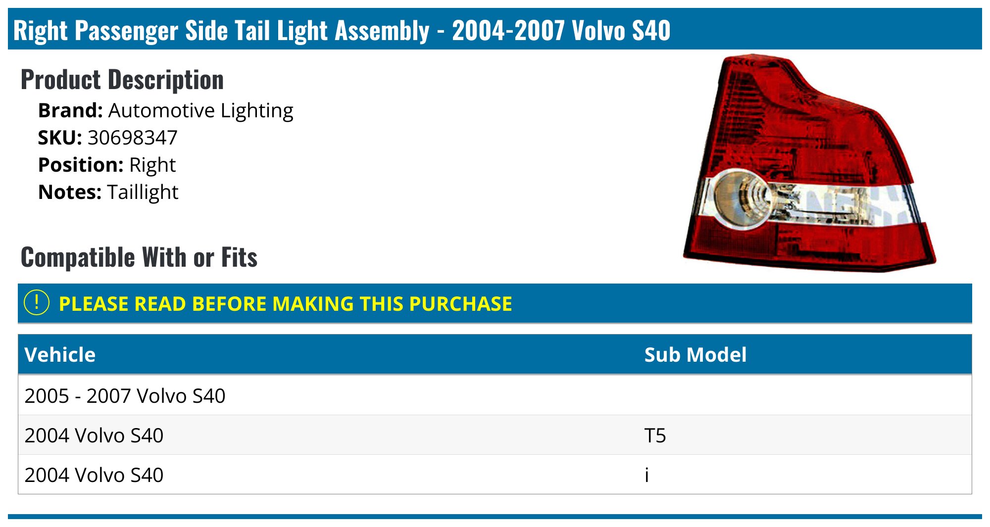 2004-2007 Volvo S40 Tail Light Assembly - Automotive Lighting 30698347 ...