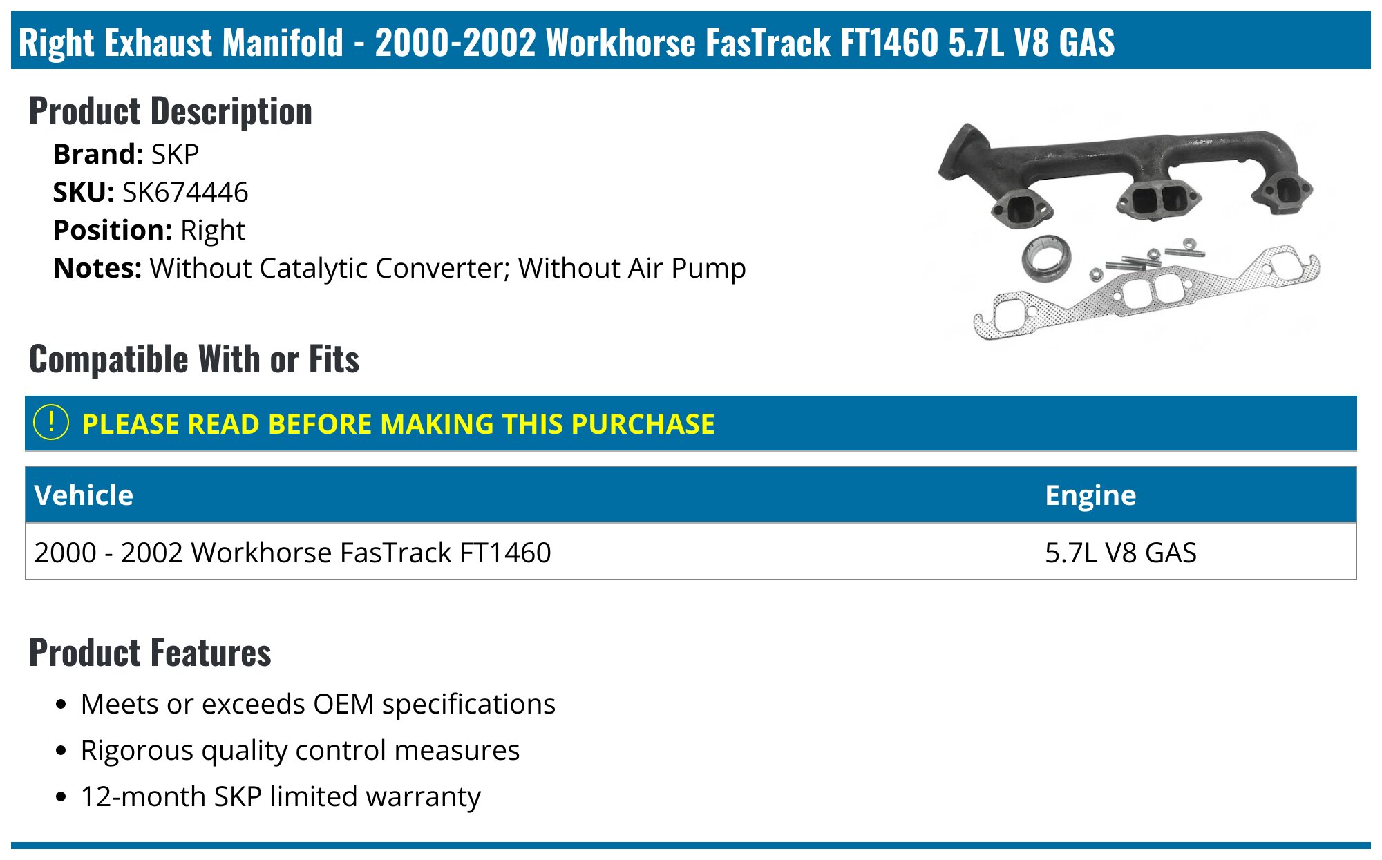 2000-2002 Workhorse FasTrack FT1460 Exhaust Manifold - SKP SK674446 ...