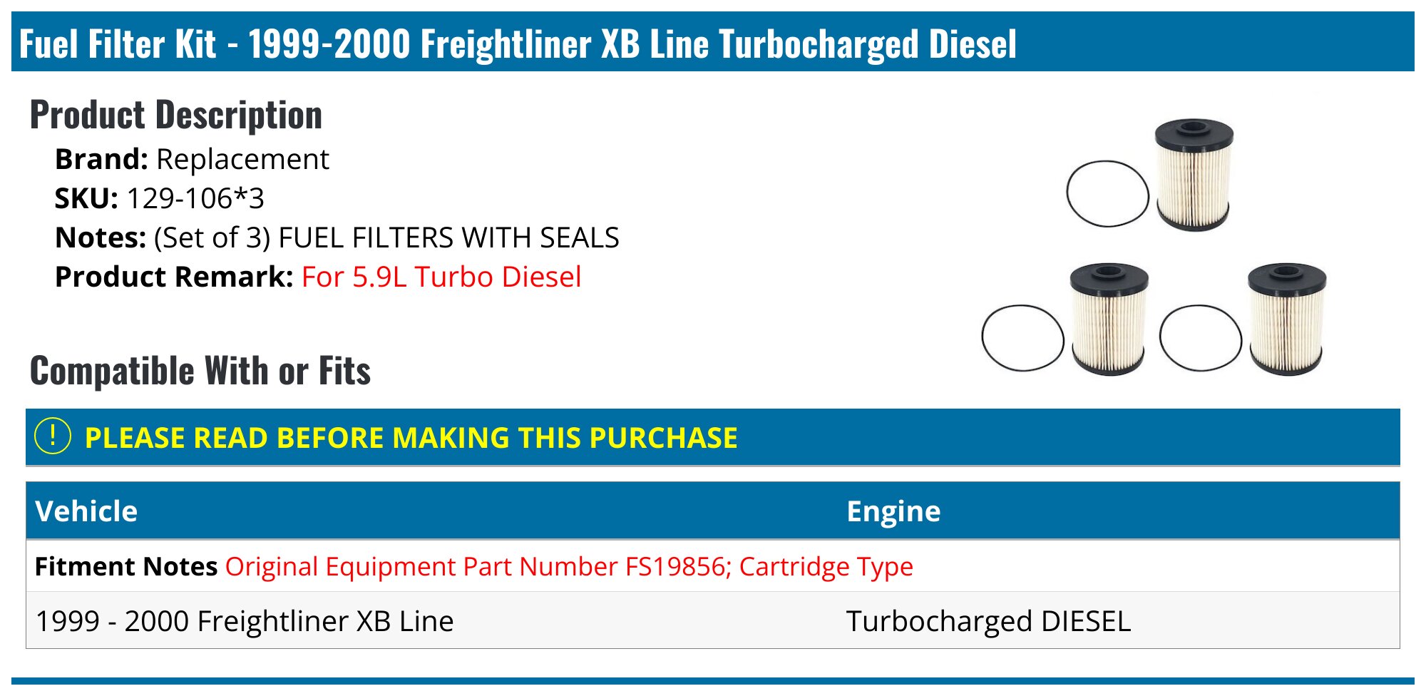 1999-2000, 2002-2005, 2009 Freightliner XB Line Fuel Filter ...