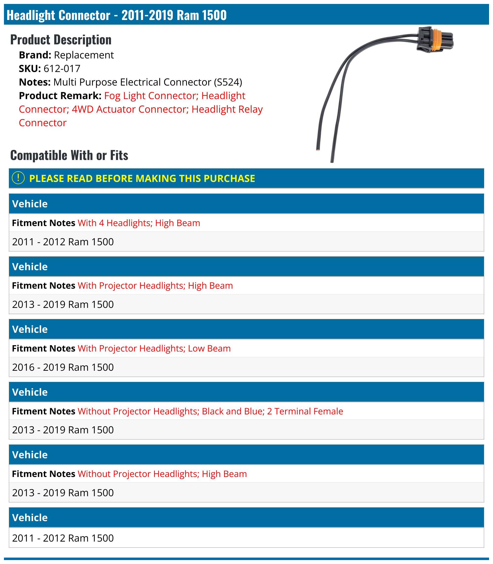 2011-2019 Ram 1500 Headlight Connector - Replacement 612-017 ...
