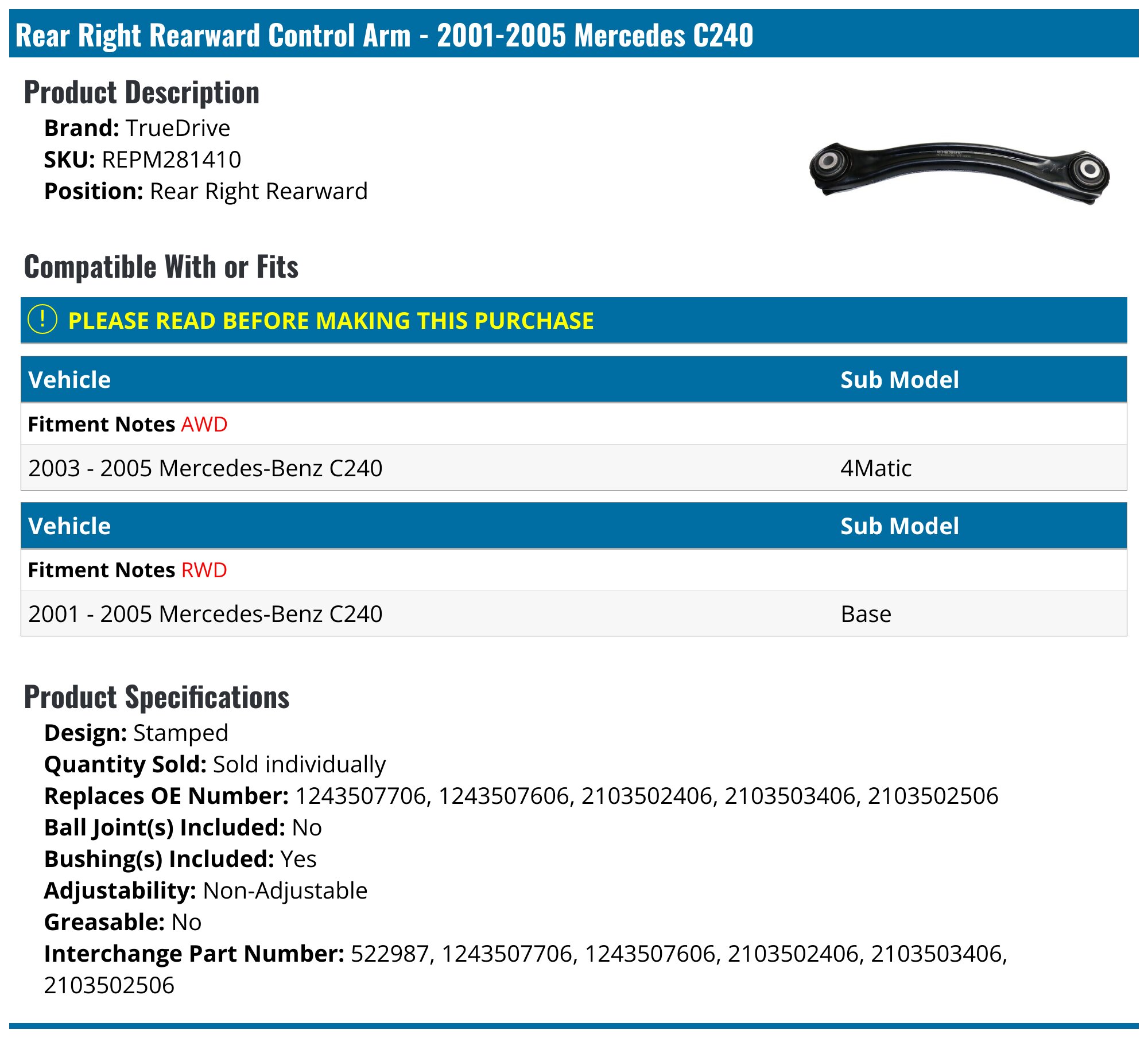 2001-2005 Mercedes C240 Control Arm - TrueDrive REPM281410 - Rear Right ...