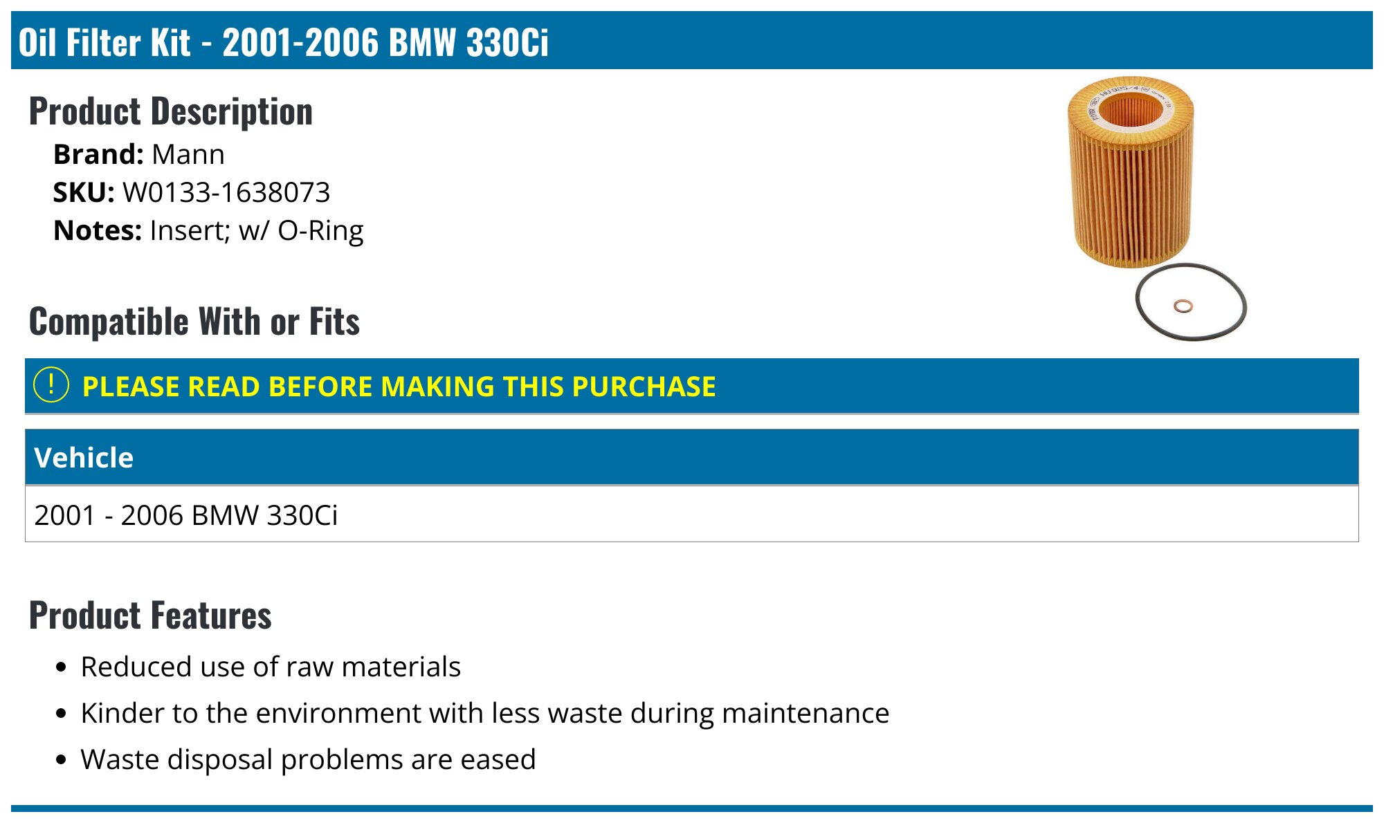 2001-2006 BMW 330Ci Oil Filter - Mann W0133-1638073 - PartsGeek.com