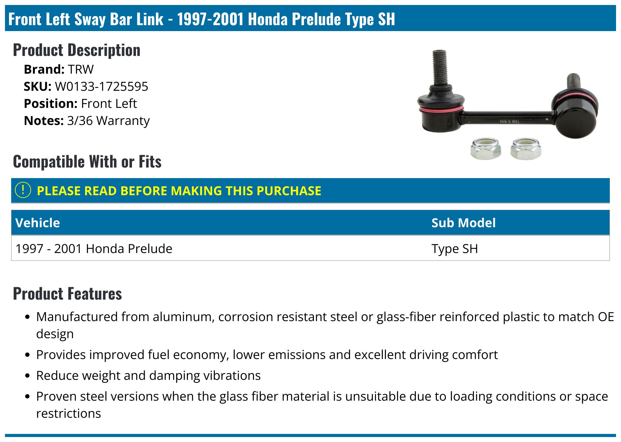 1997-2001 Honda Prelude Sway Bar Link - TRW W0133-1725595 - Front Left ...