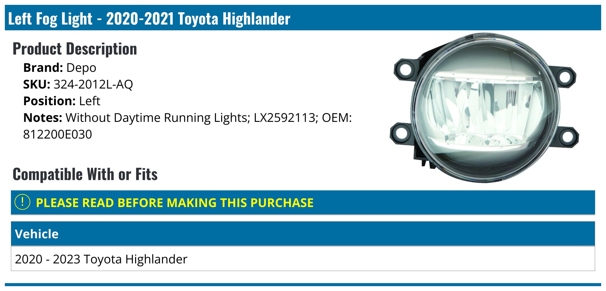 2020-2025 Toyota Highlander Fog Light - Depo 324-2012L-AQ - Left ...