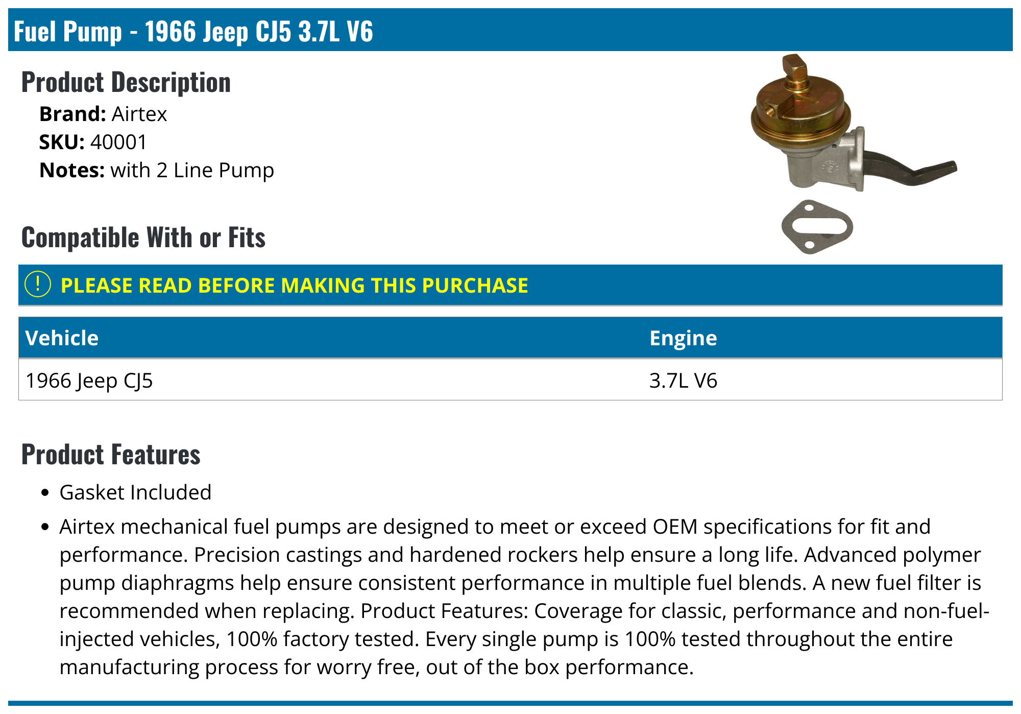 1966 Jeep CJ5 Fuel Pump - Airtex 40001 - - PartsGeek.com