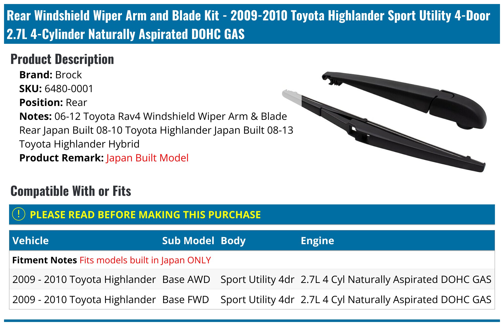 2009-2010 Toyota Highlander Windshield Wiper Arm - Brock 6480-0001 ...