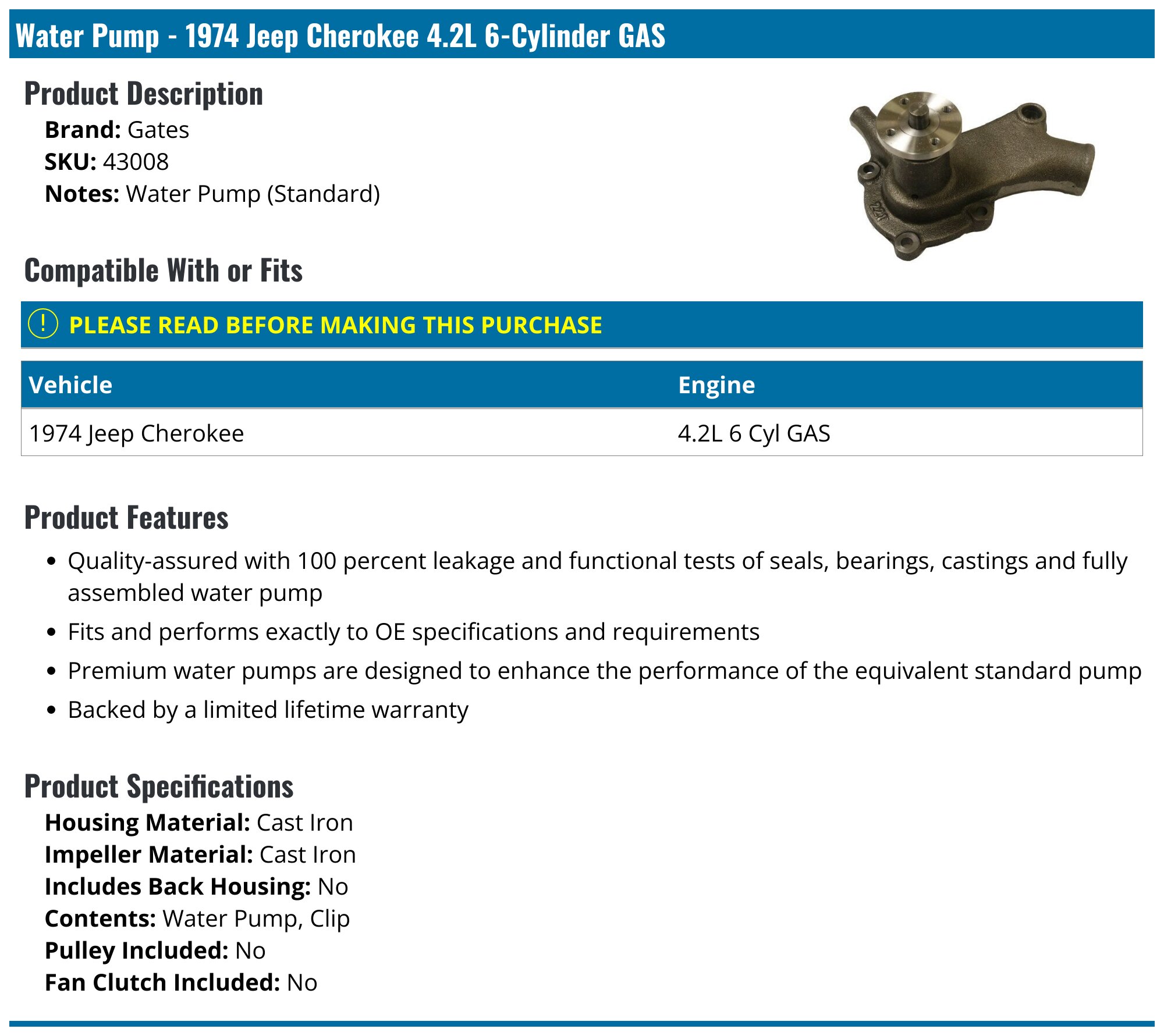 1974 Jeep Cherokee Water Pump - Gates 43008 - PartsGeek.com