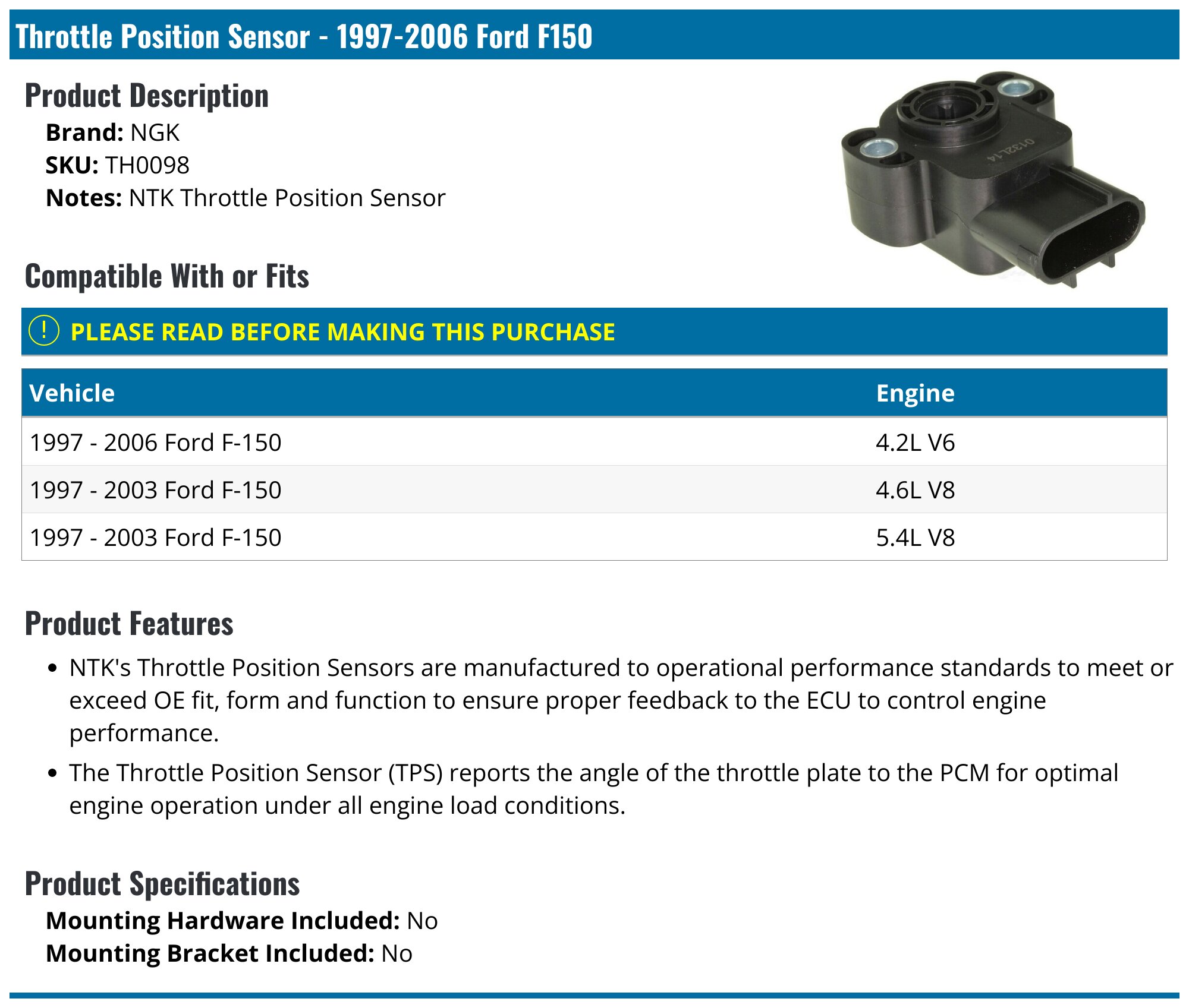 1997-2006 Ford F150 Throttle Position Sensor - NGK TH0098 - PartsGeek.com