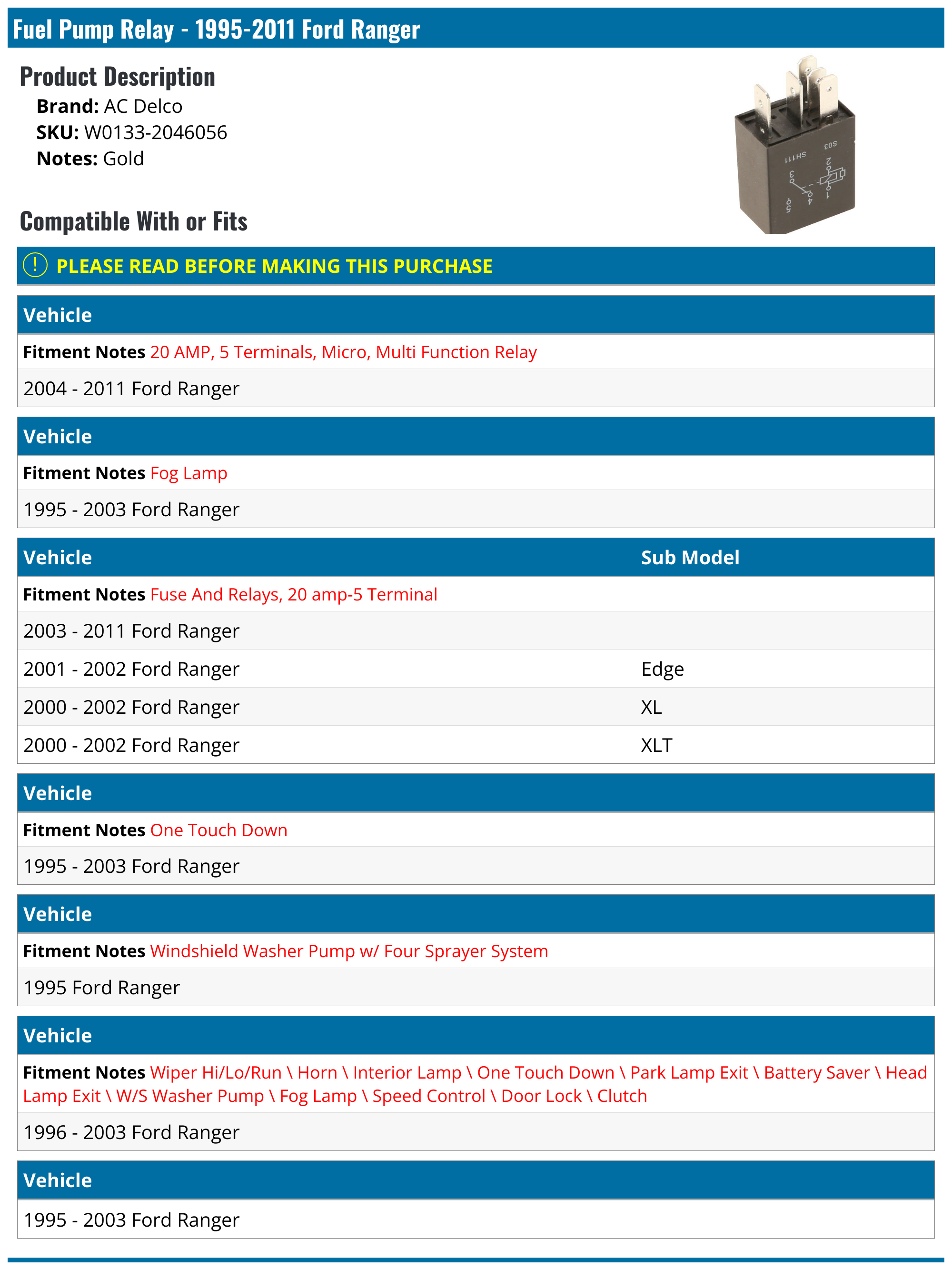 1995-2011 Ford Ranger Fuel Pump Relay - AC Delco W0133-2046056 ...