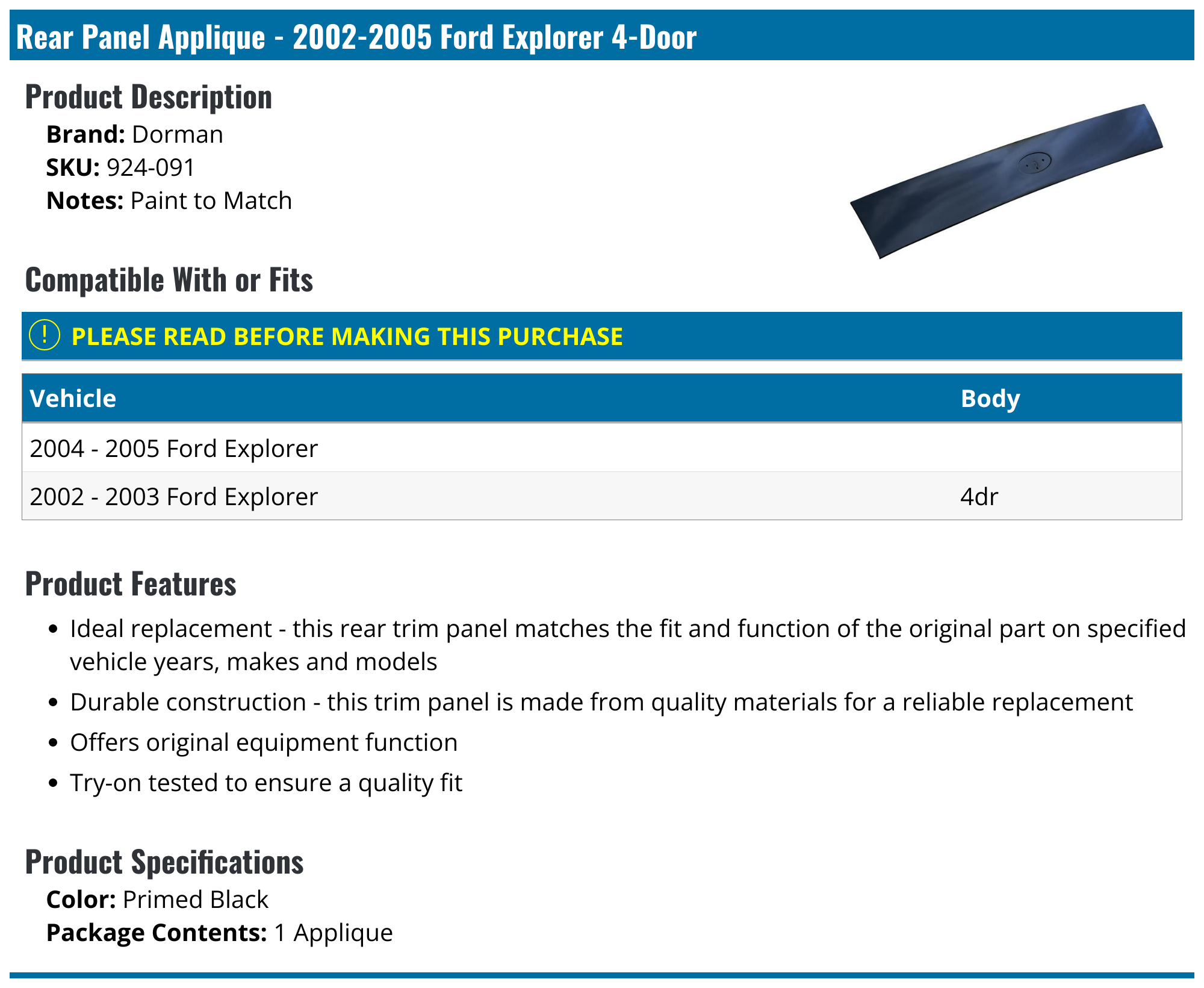 2002-2005 Ford Explorer Rear Panel Applique - Dorman 924-091 ...