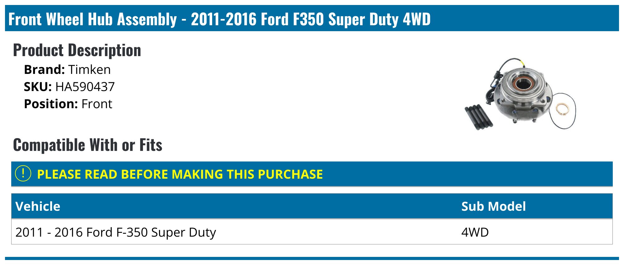 2011-2016 Ford F350 Super Duty Wheel Hub Assembly - Timken HA590437 ...
