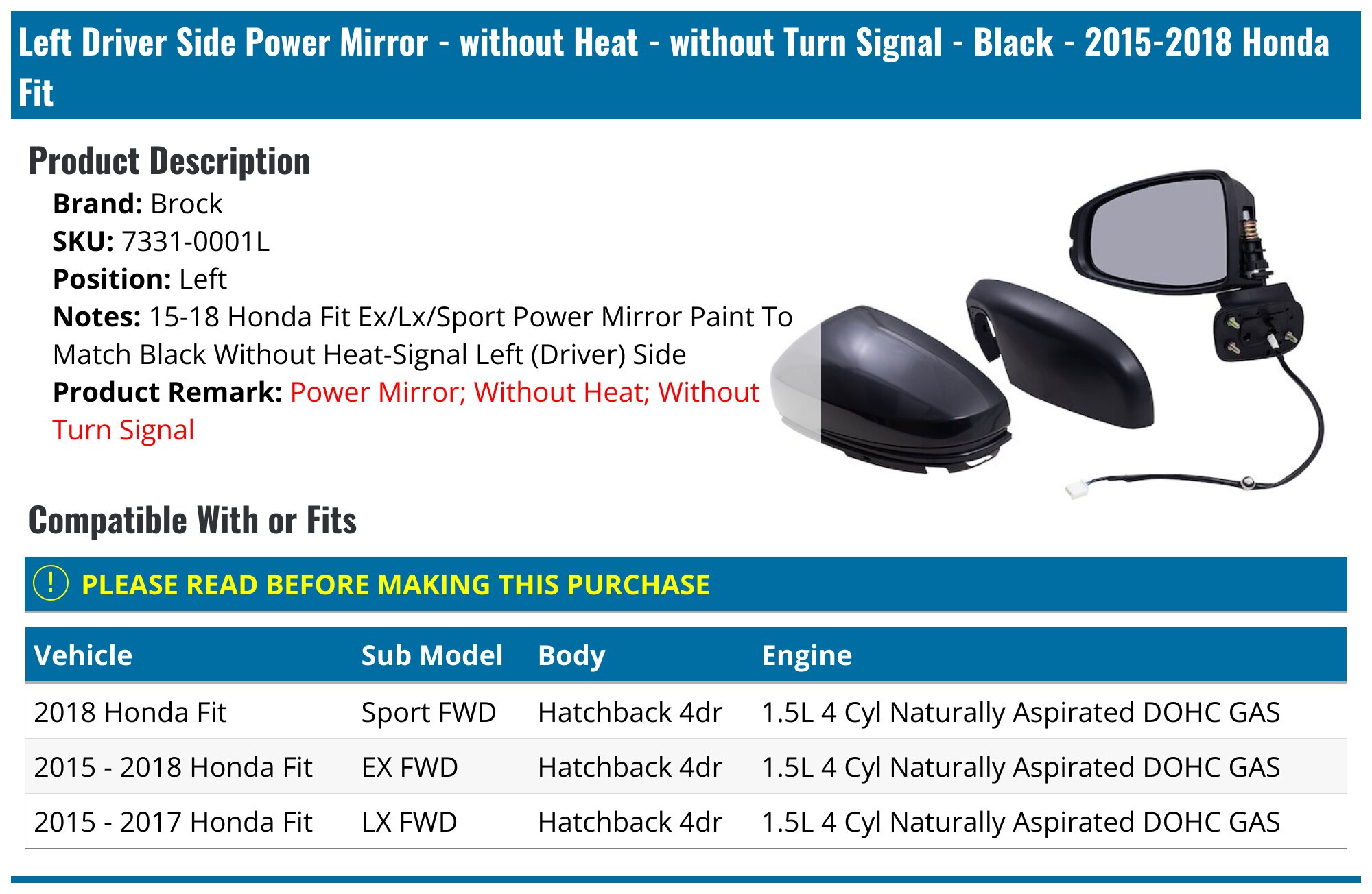 Honda Fit Mirror - Side View Mirrors - Autopart Premium Depo Brock TRQ ...