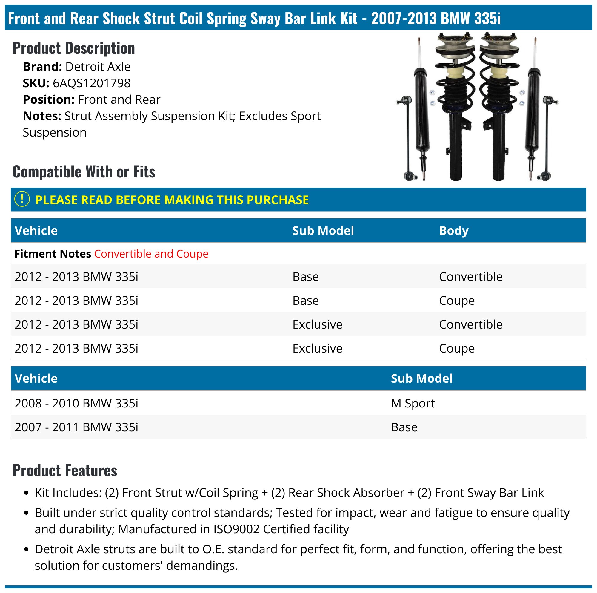 2007-2013 BMW 335i Shock Absorber - Detroit Axle 6AQS1201798 - Front ...