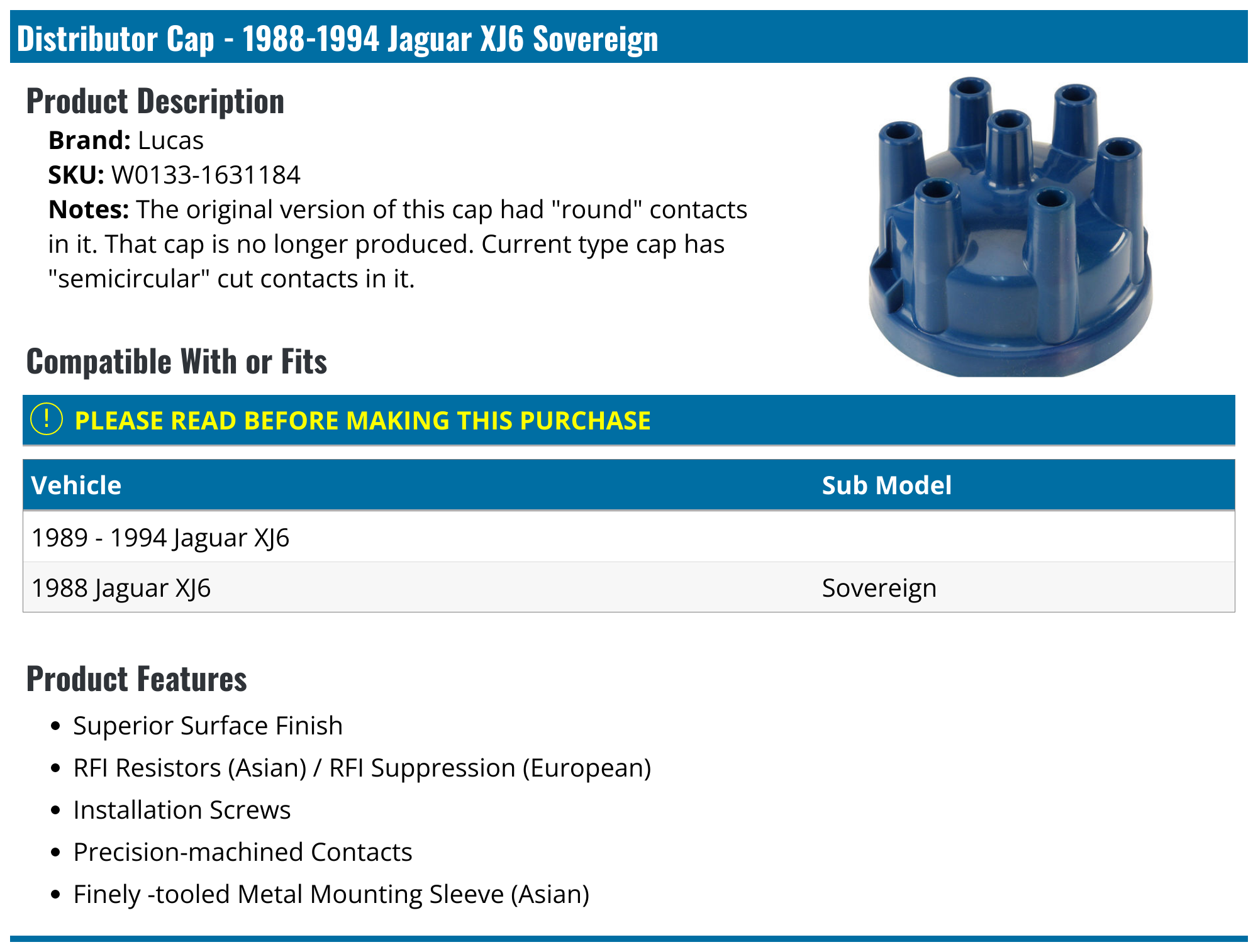 1988-1994 Jaguar XJ6 Distributor Cap - Lucas W0133-1631184 - PartsGeek.com