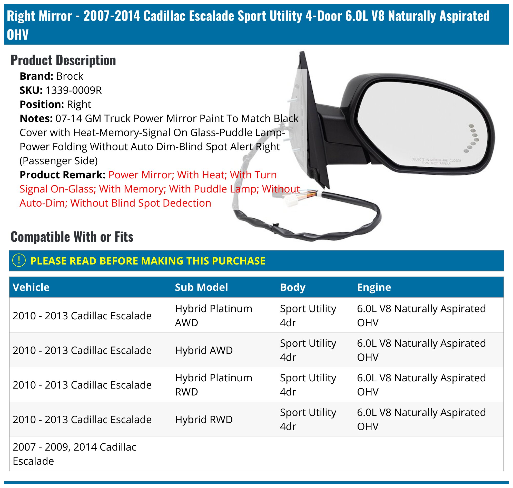 Cadillac Mirror | Escalade ESV EXT SRX - 2013 2007 2011 2008