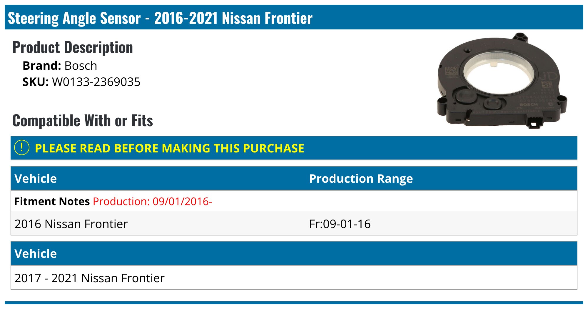 2016-2021 Nissan Frontier Steering Angle Sensor - Bosch W0133-2369035 ...