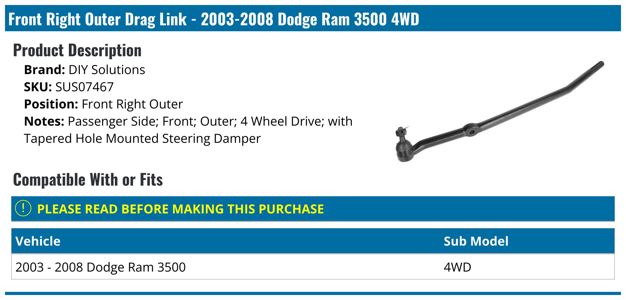 2003-2008 Dodge Ram 3500 Drag Link - DIY Solutions SUS07467 - Front ...