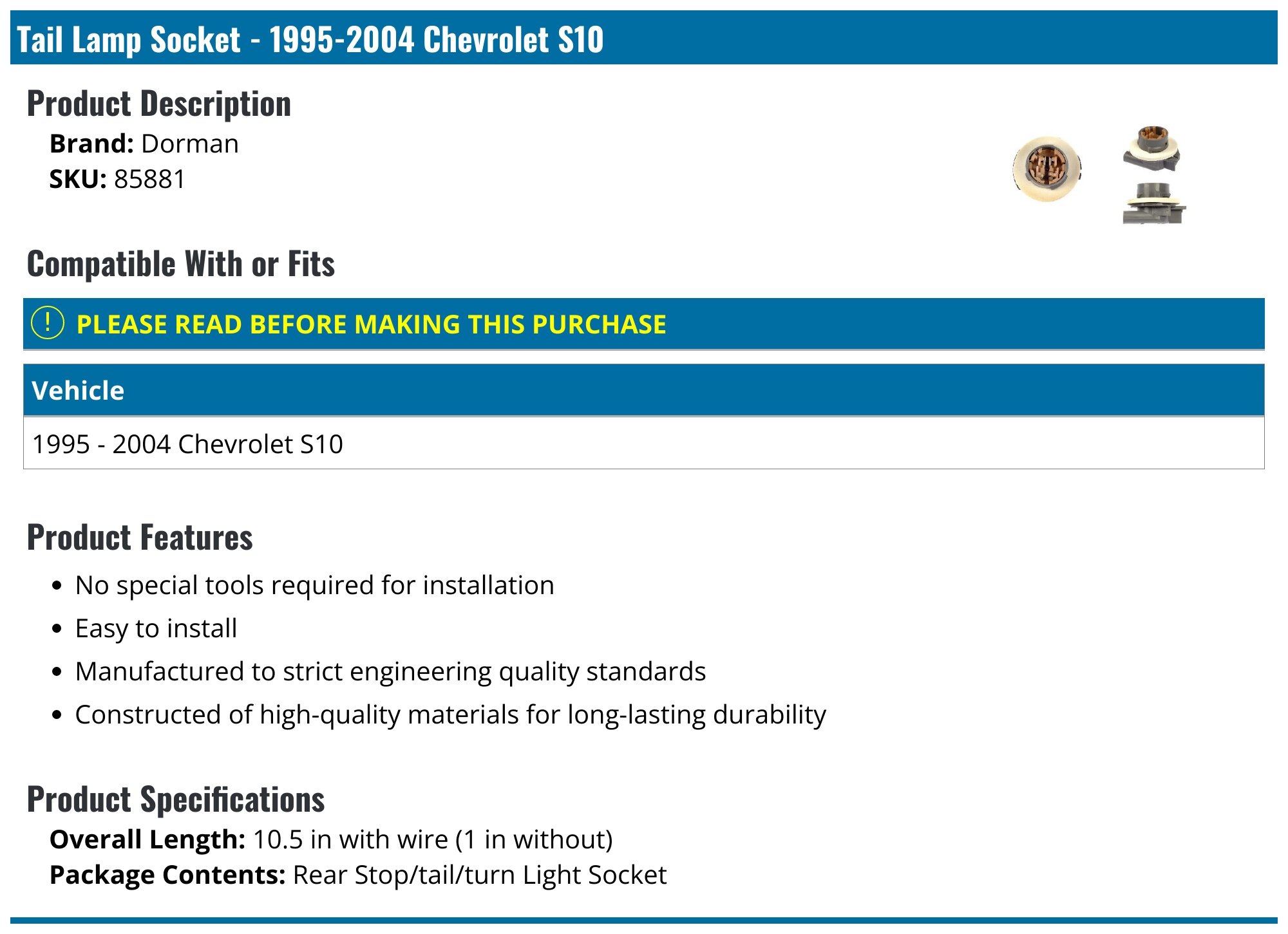 1995-2004 Chevrolet S10 Tail Lamp Socket - Dorman 85881 - - PartsGeek.com