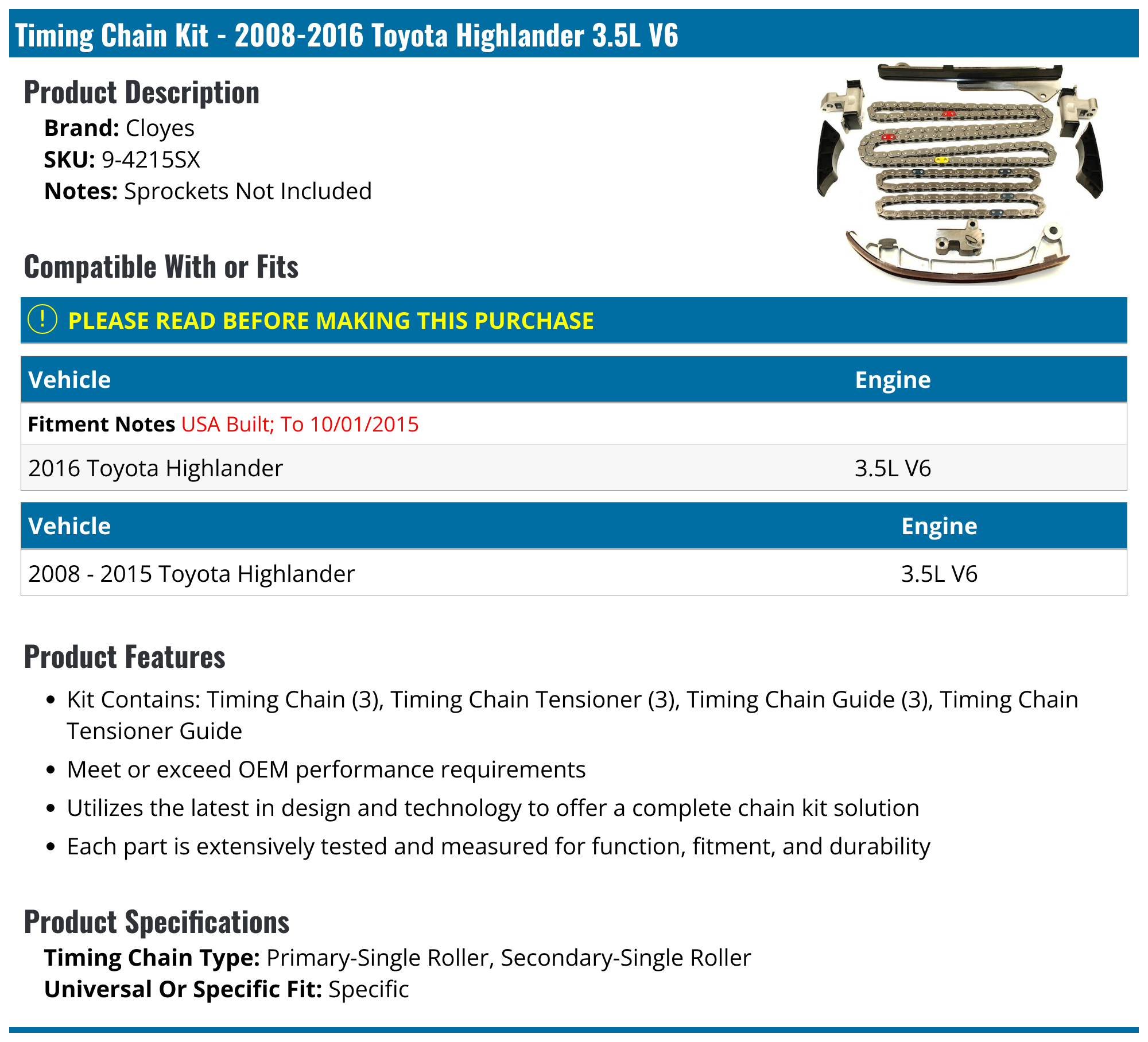 2008-2016 Toyota Highlander Timing Chain - Cloyes 9-4215SX - PartsGeek.com