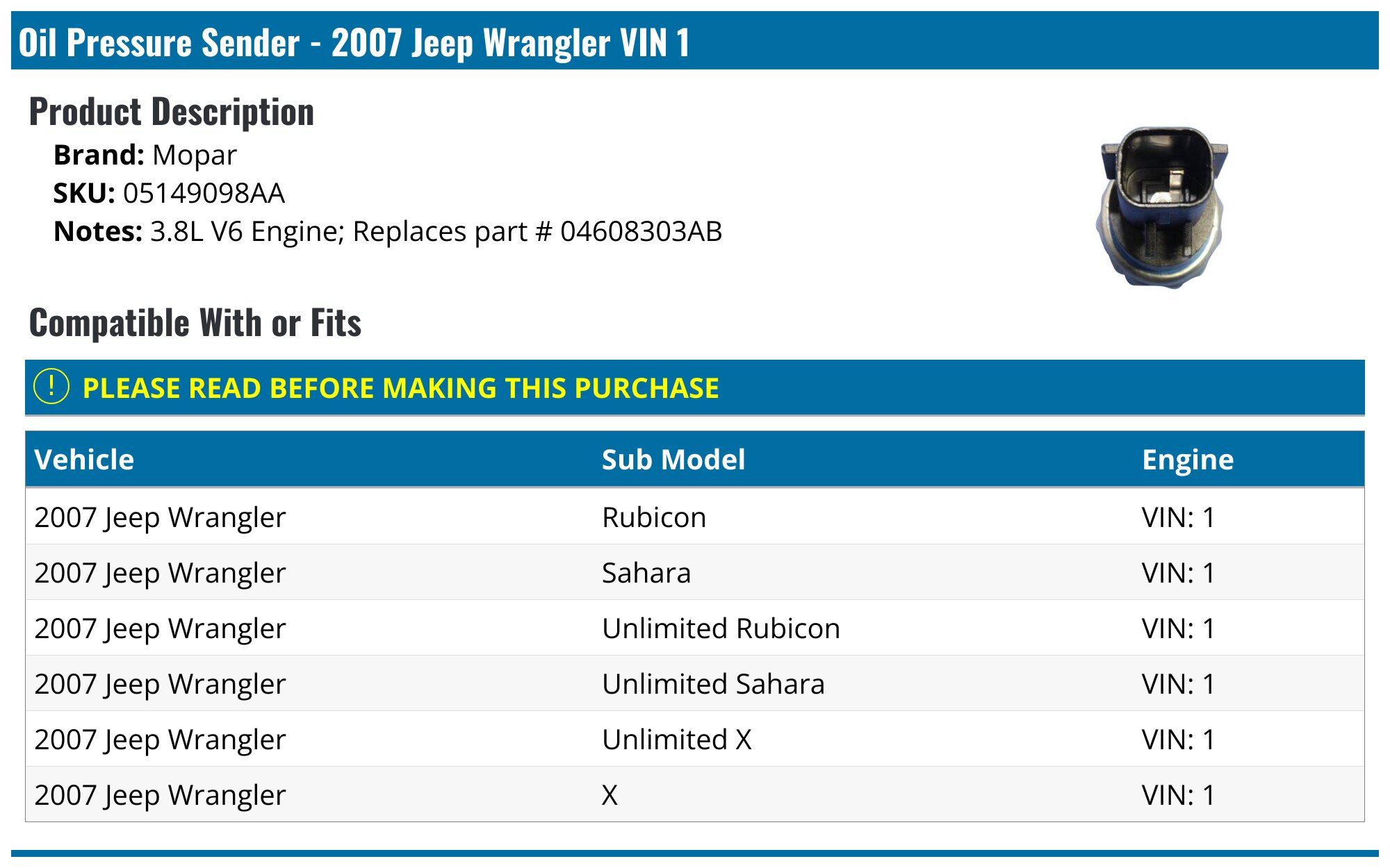 2007 Jeep Wrangler Oil Pressure Sender - Mopar 05149098AA - PartsGeek.com