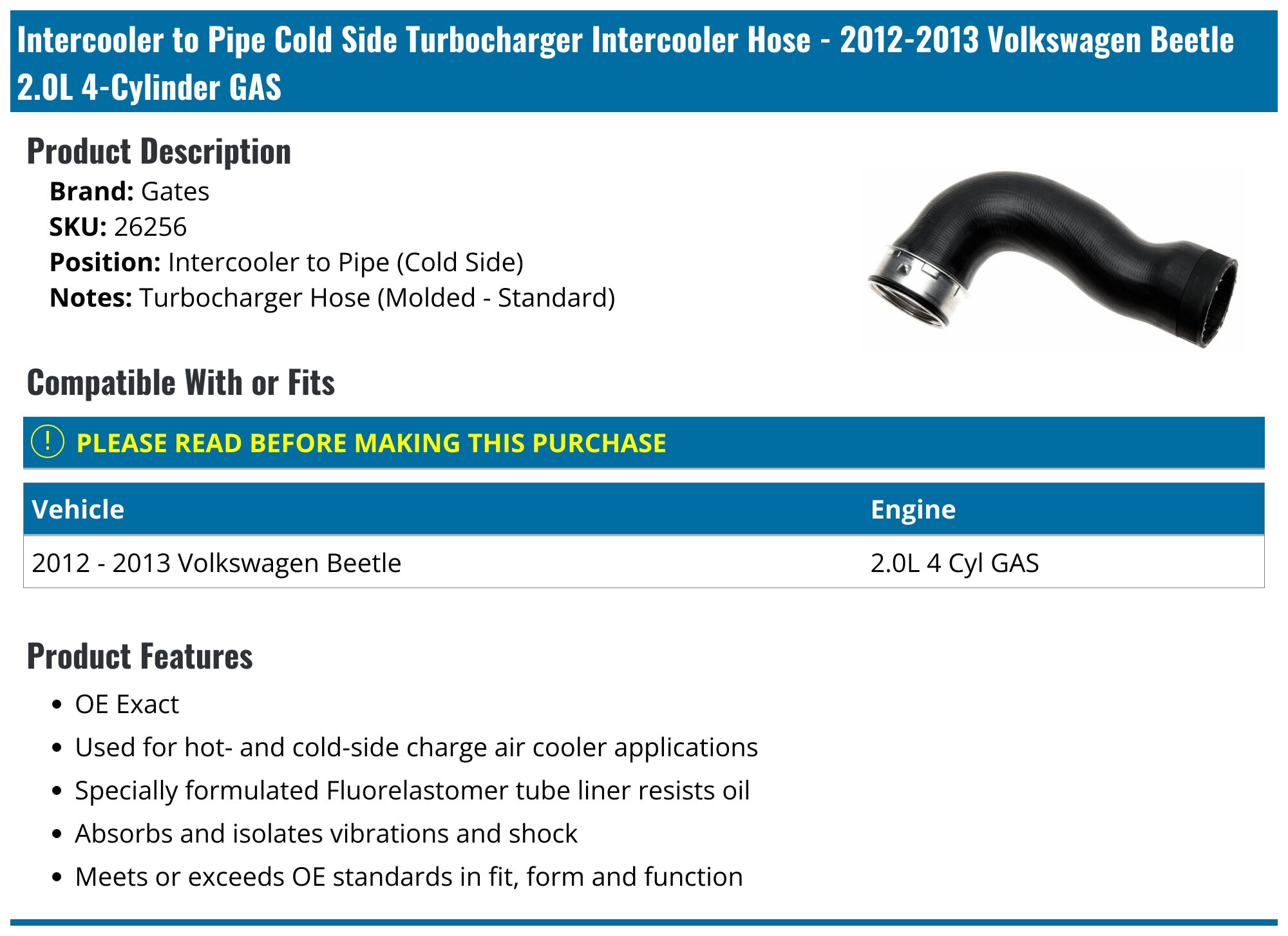 2012-2013 Volkswagen Beetle Intercooler Hose - Gates 26256 ...