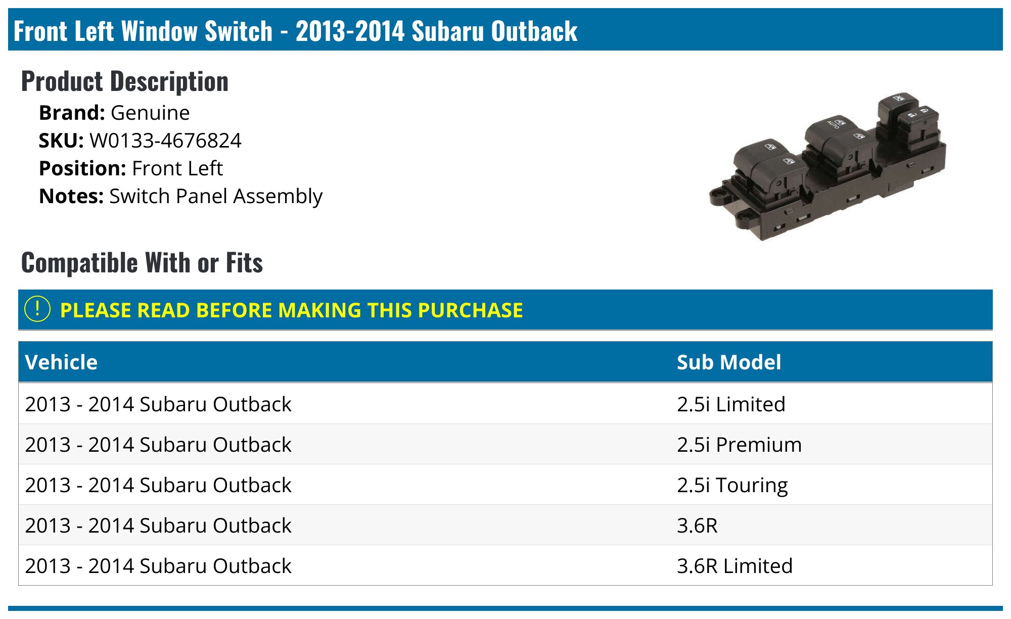 Subaru Window Switch | Outback Forester Legacy Impreza - 2005 2019 2014 ...