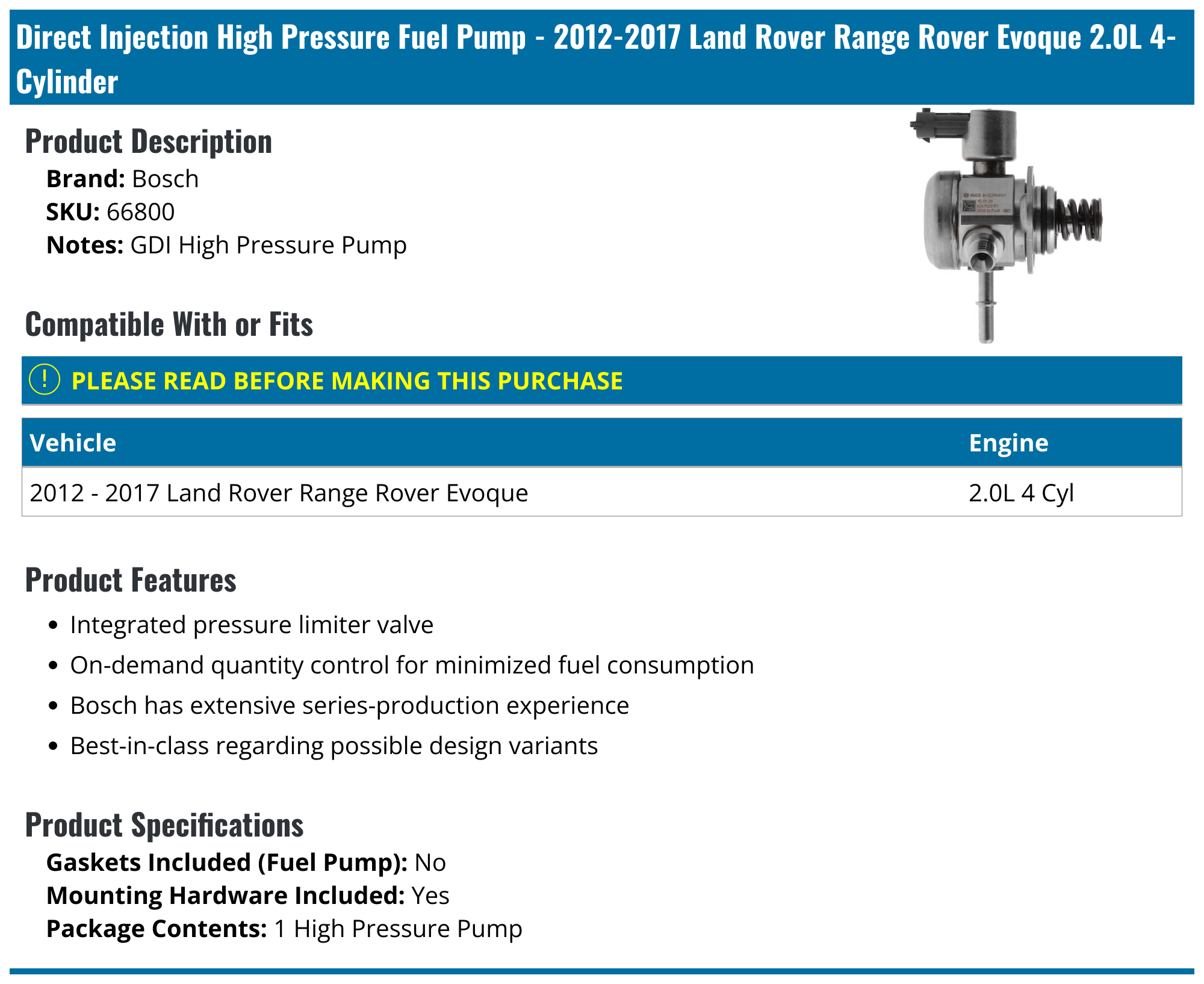 2012-2017 Land Rover Range Rover Evoque Fuel Pump - Bosch 66800 ...