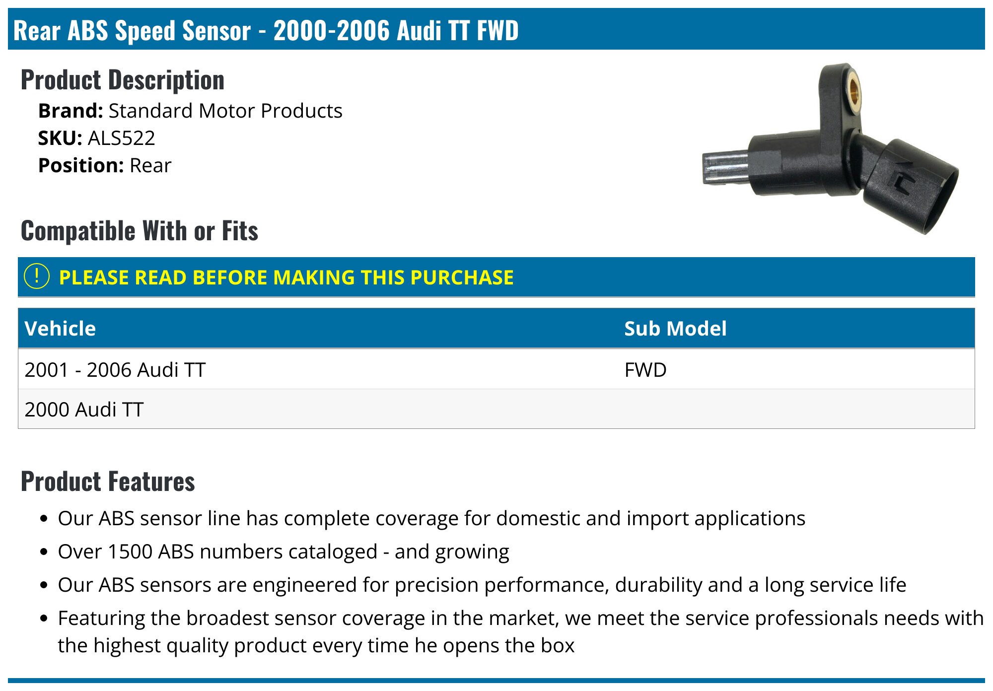 2000-2006 Audi TT ABS Speed Sensor - Standard Motor Products ALS522 ...