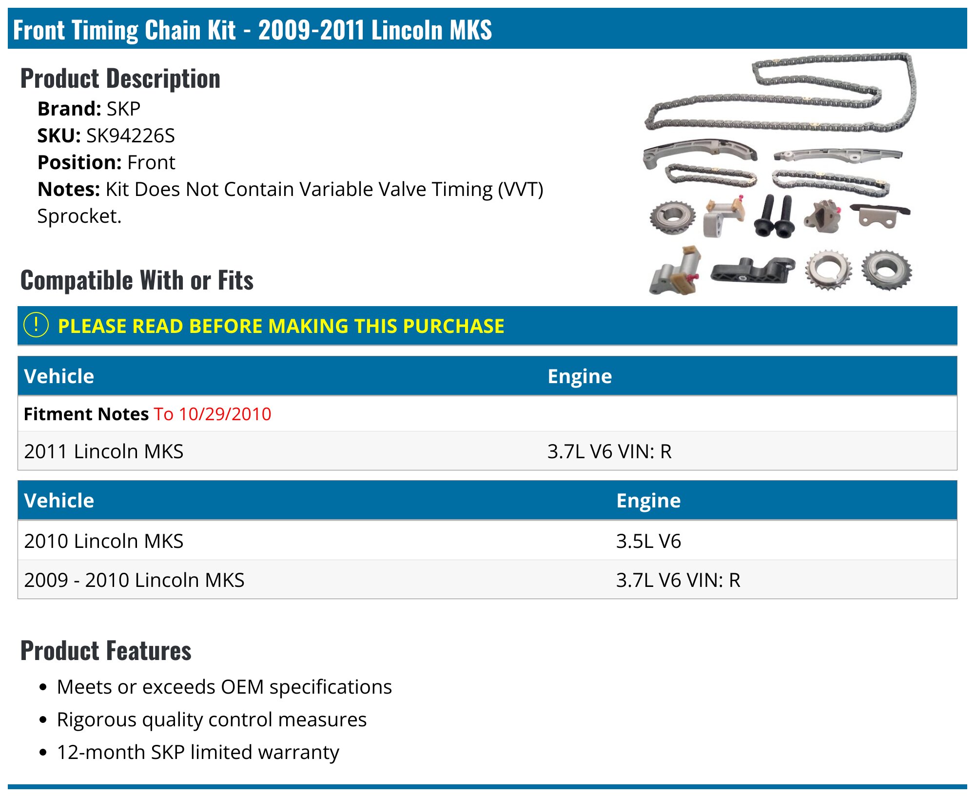 2009-2011 Lincoln MKS Timing Chain - SKP SK94226S - Front - PartsGeek.com