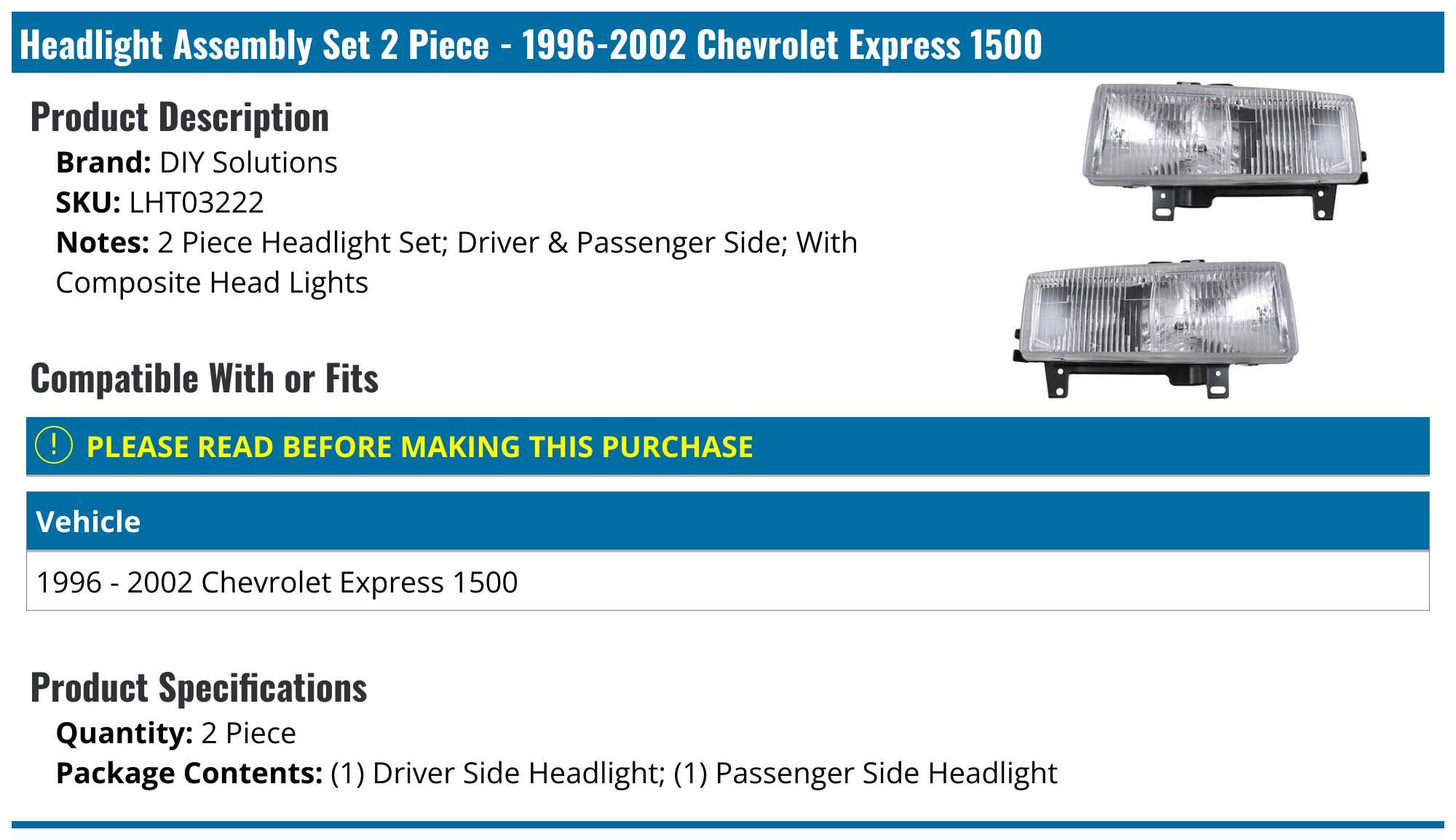 1996-2002 Chevrolet Express 1500 Headlight Assembly - DIY Solutions ...